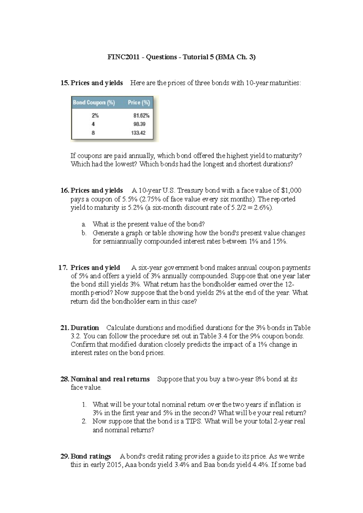 FINC2011 Tutorial 5 Questions - FINC2011 - Questions - Tutorial 5 (BMA ...