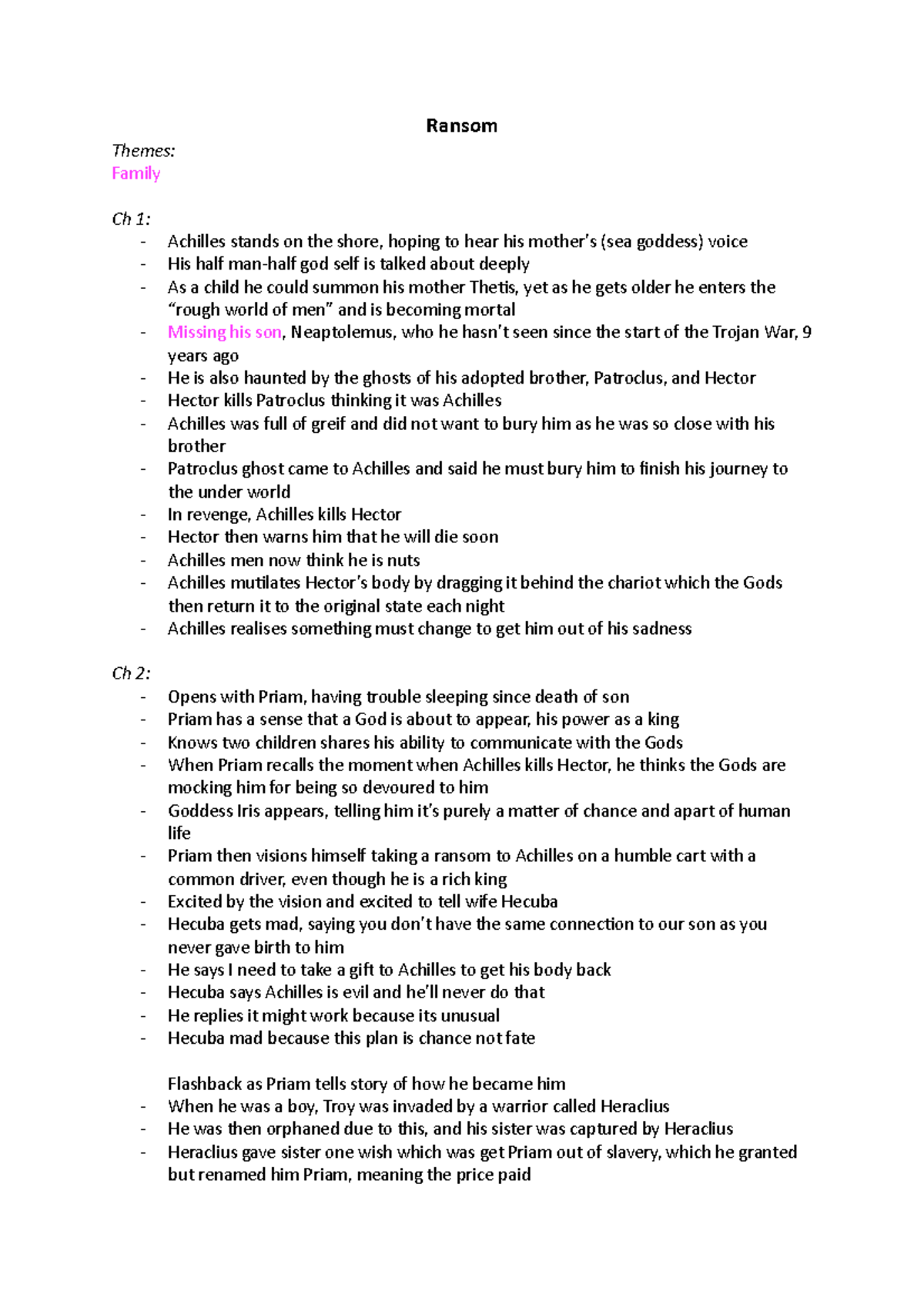 Ransom chapter notes - Ransom Themes: Family Ch 1: - Achilles stands on ...