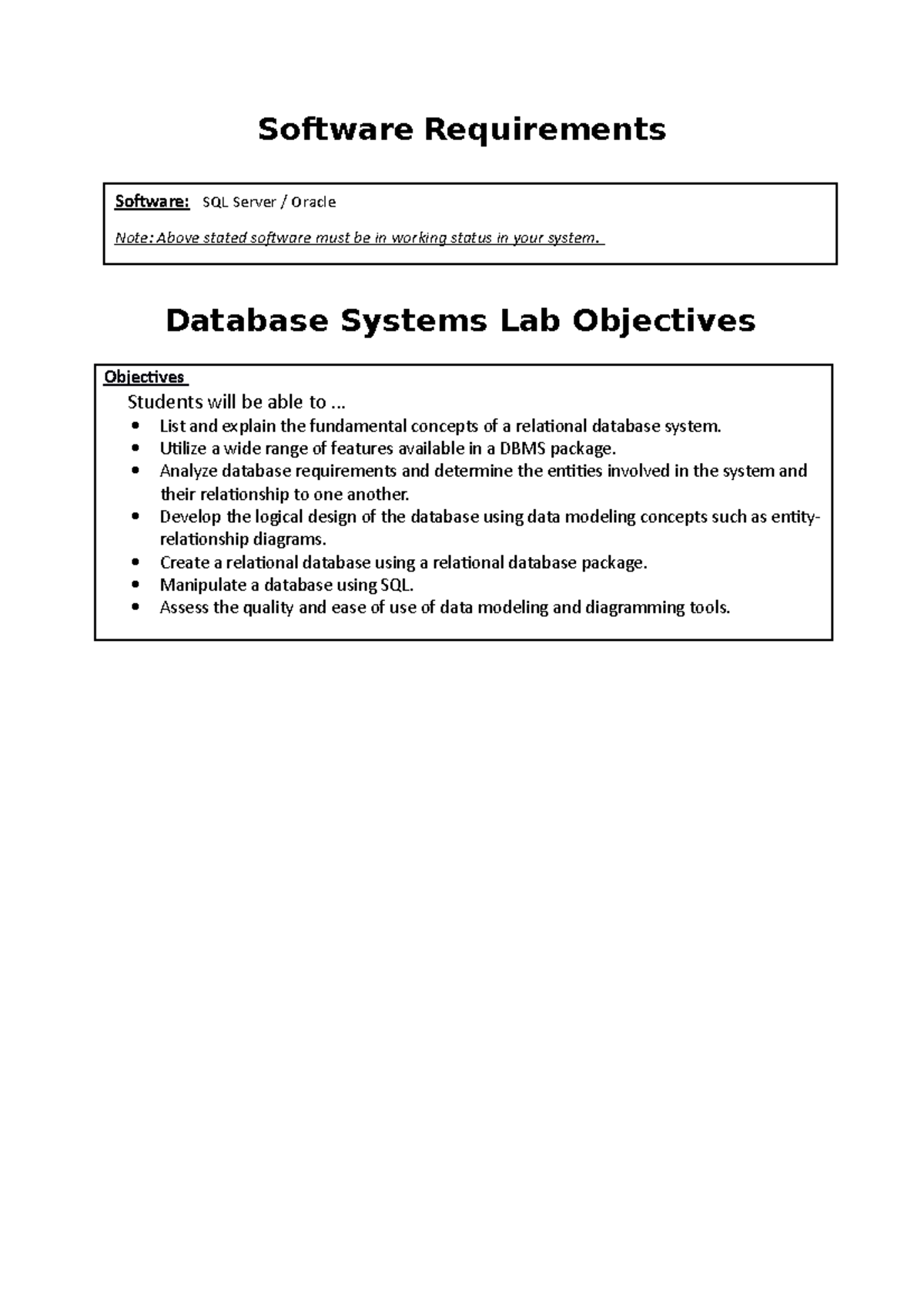 CS-244 Database Systems Lab-1 - Software Requirements Database Systems Lab Objectives Objectives ...