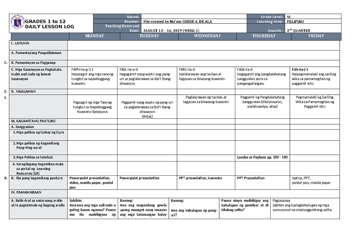 DLL Fiilipino-6 Q2 W1 - N/A - GRADES 1 to 12 DAILY LESSON LOG School ...