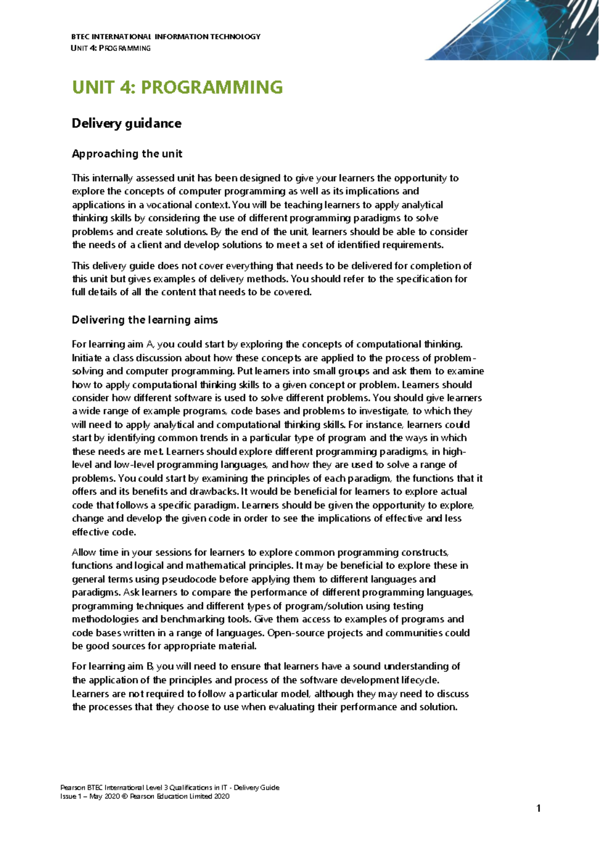 Btec 2020 l3 int it dg u4 v1 - UNIT 4: PROGRAMMING Pearson BTEC International Level 3 ...