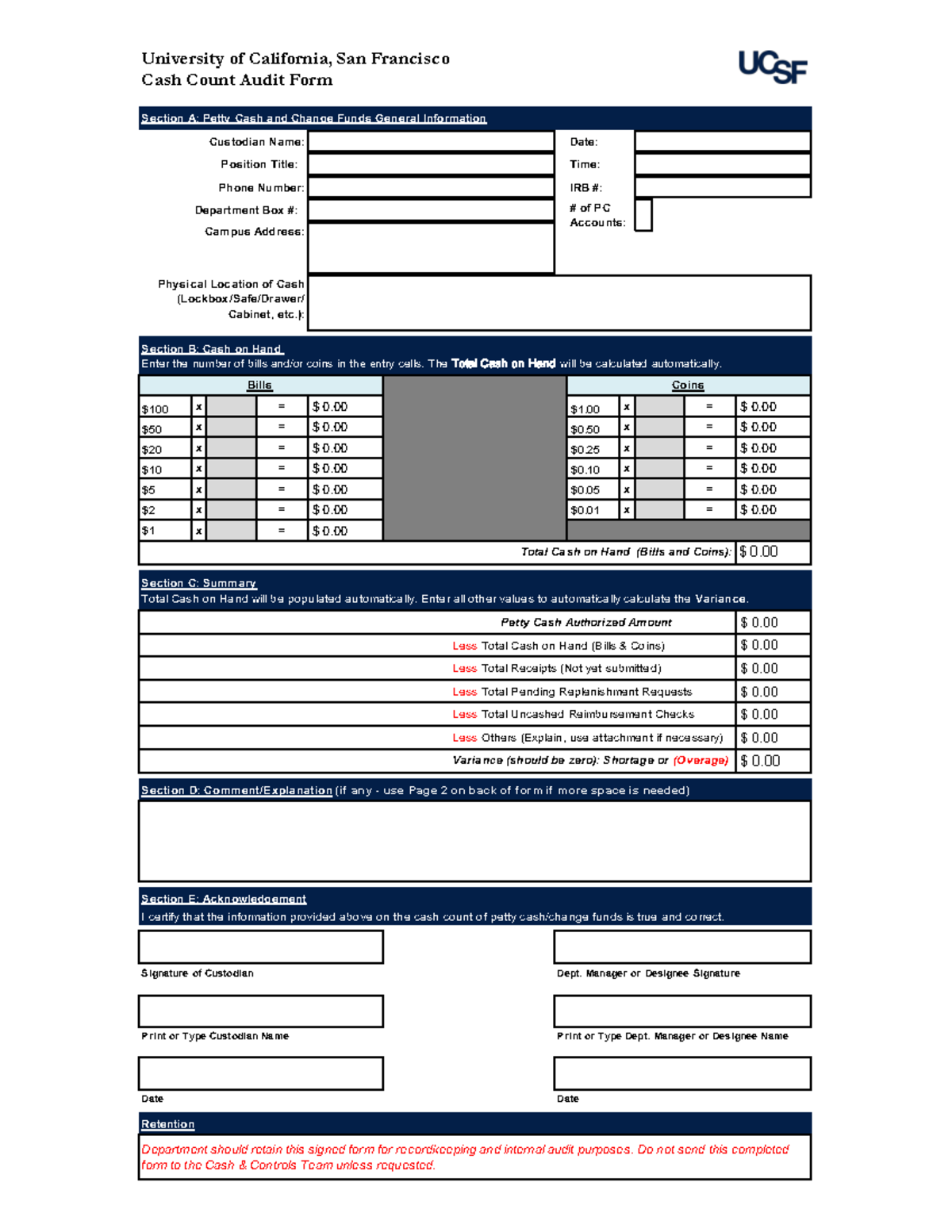 Cash Count Audit Form 2019 0426 - x = x = x = x = x = x = x = x = x = x ...