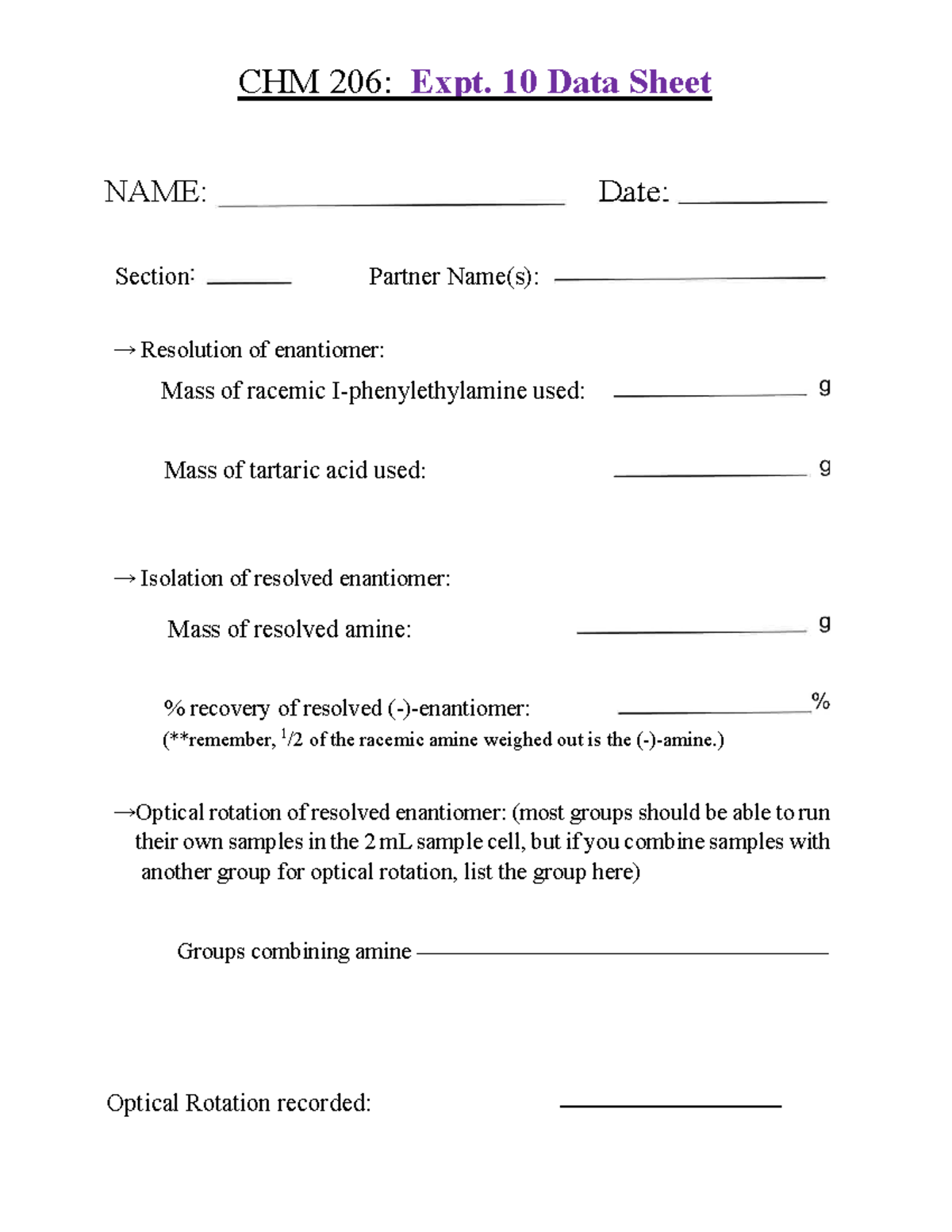 Expt 10 Optical Rotation Data Sheet F24wp - CHM 206: Expt. 10 Data ...