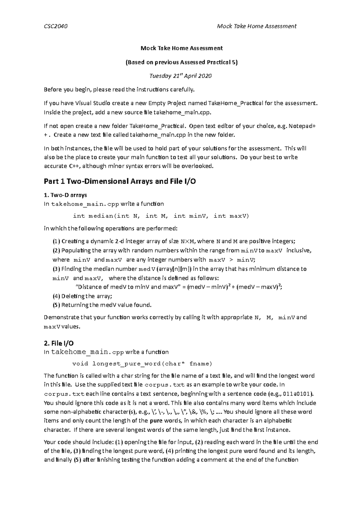 Sample/practice exam 2020 - Mock Take Home Assessment (Based on ...