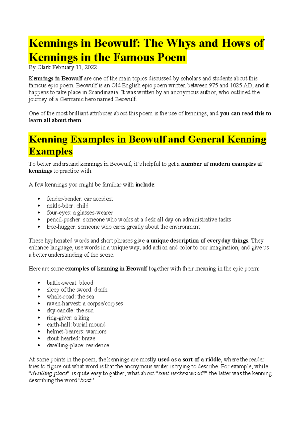 Kennings in Beowulf - Beowulf is an Old English epic poem written ...