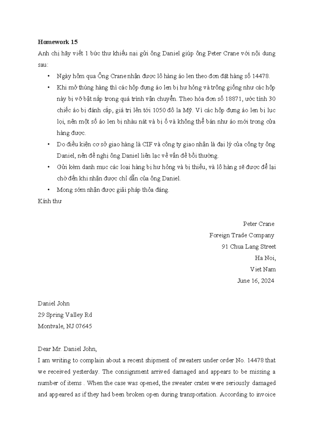 Hwk 15 - Homework number 15 - Homework 15 Anh chị hãy viết 1 bức thư ...