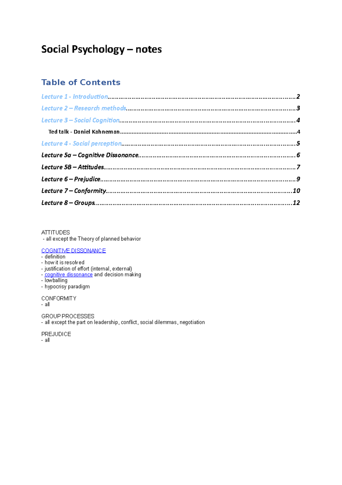 Social Psychology - notes - Social Psychology – notes Table of Contents ...