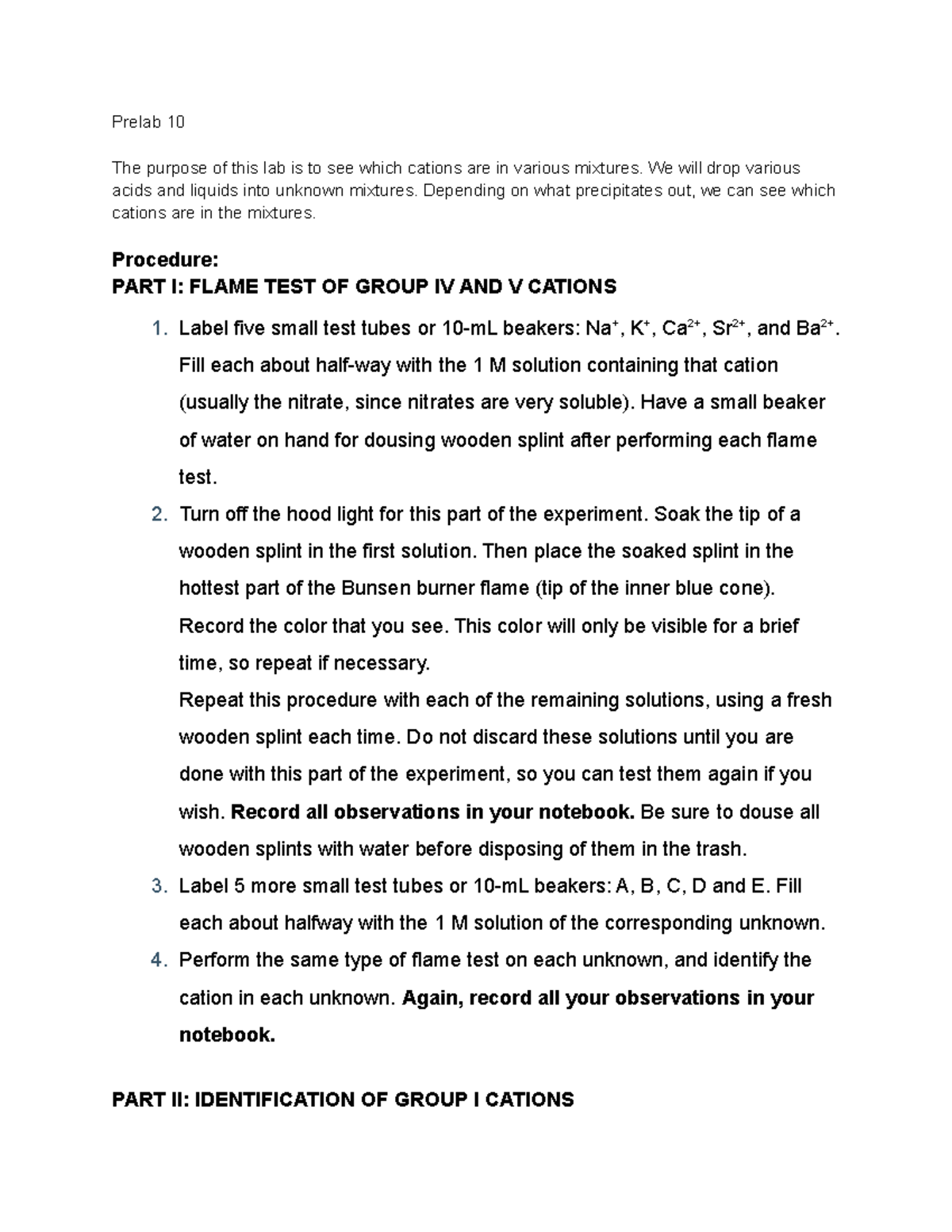 Prelab 10 - Prelab 10 The purpose of this lab is to see which cations ...