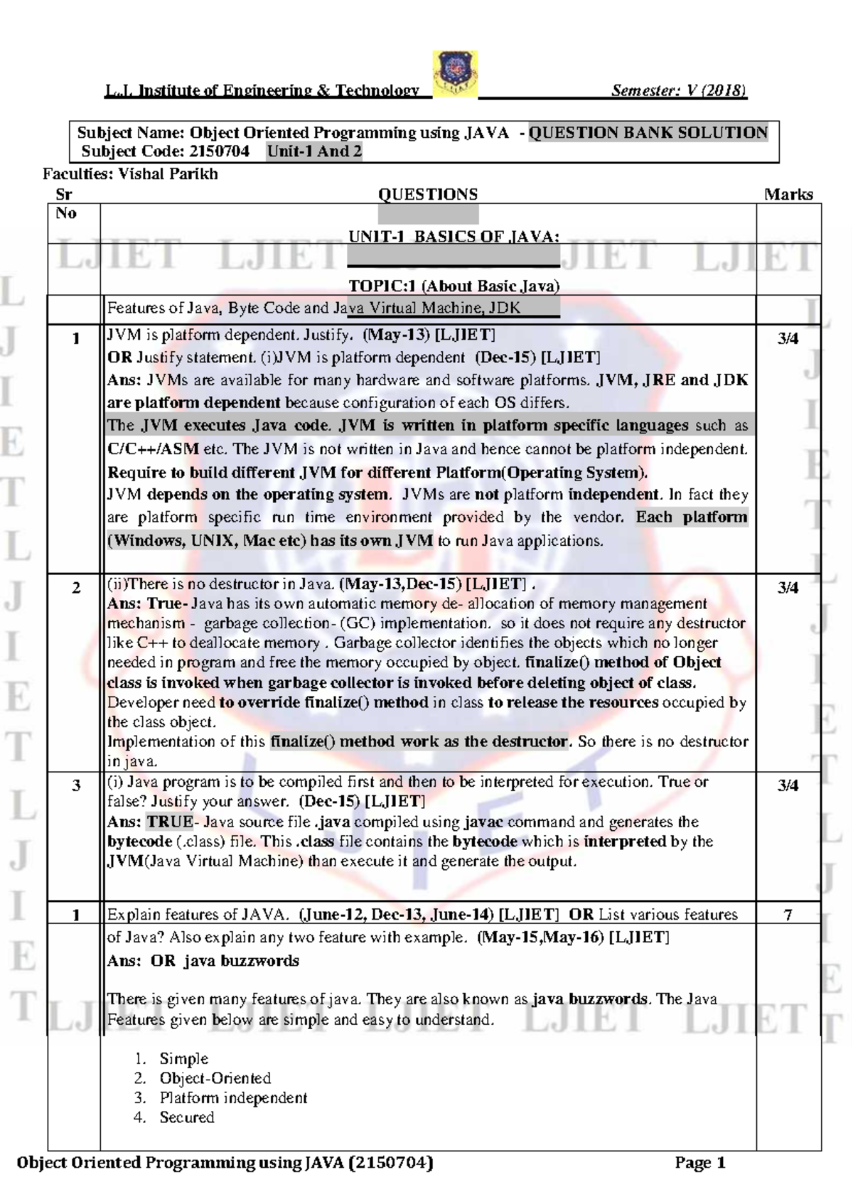 Unit 1&2 Oop qb - ) Subject Name: Object Oriented Programming using JAVA - QUESTION BANK ...