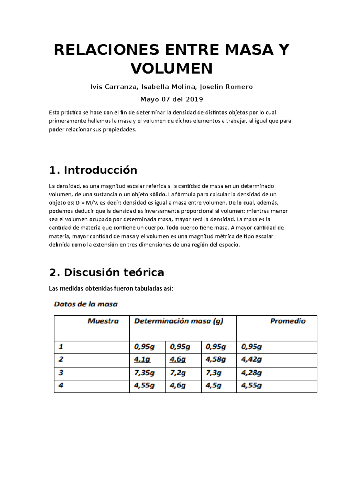 Quimica 2 - Lecture notes 1 - RELACIONES ENTRE MASA Y VOLUMEN Ivis ...