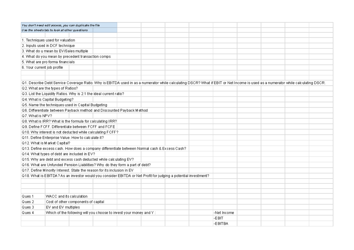Investment Banking Questions - You don't need edit access, you can ...