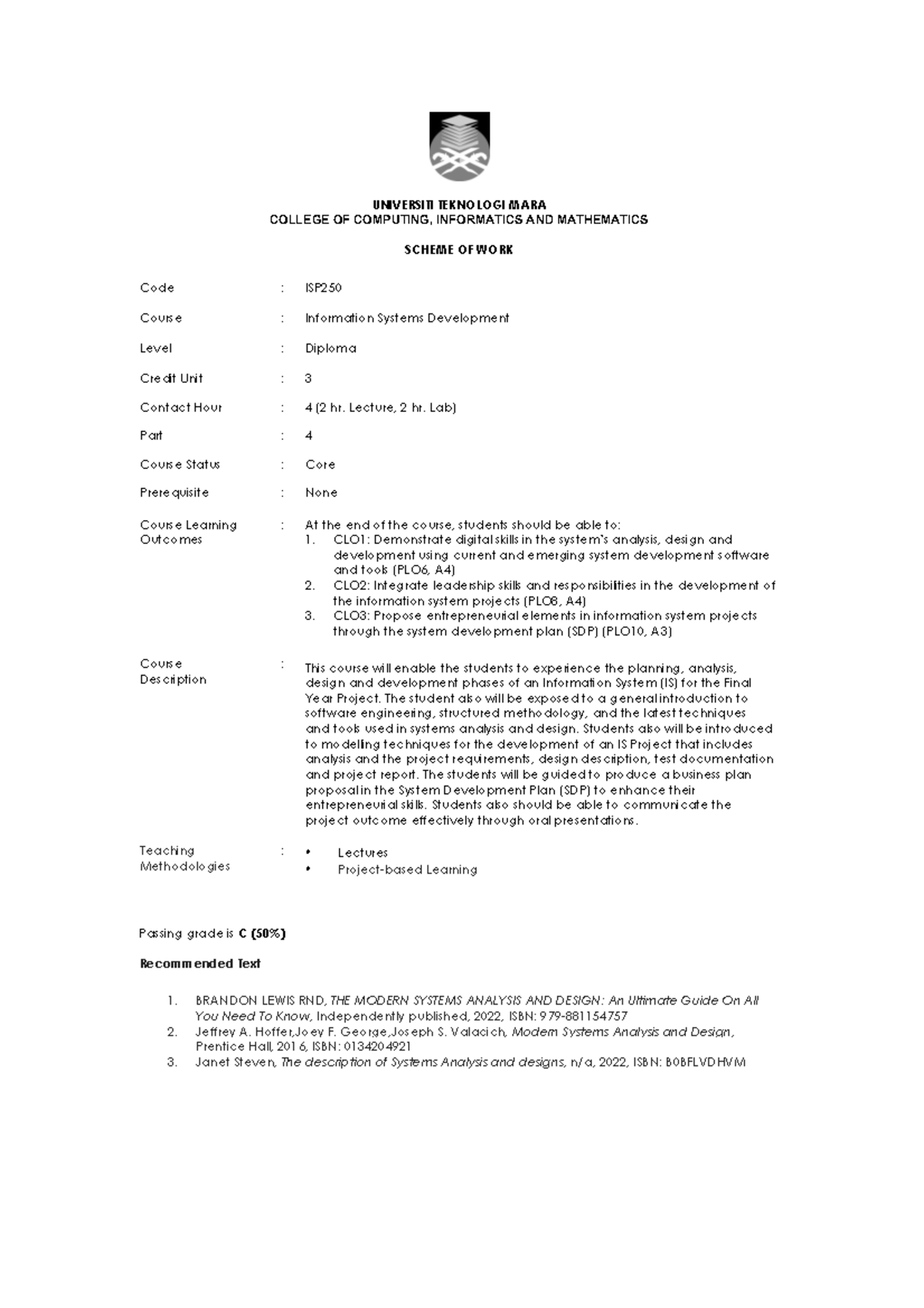 SOW-ISP250- March- August-2024 - UNIVERSITI TEKNOLOGI MARA COLLEGE OF ...