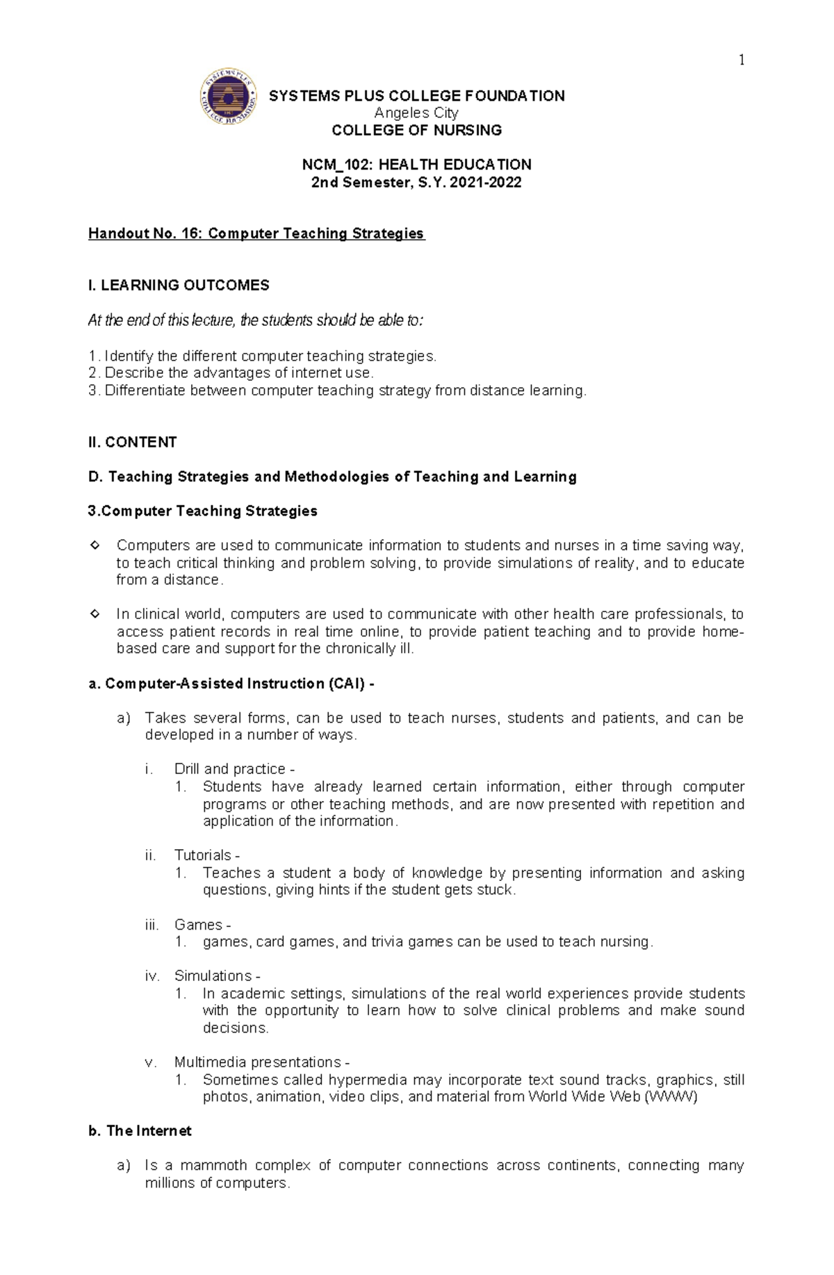 Revised Health Ed HO 16 - SYSTEMS PLUS COLLEGE FOUNDATION Angeles City ...