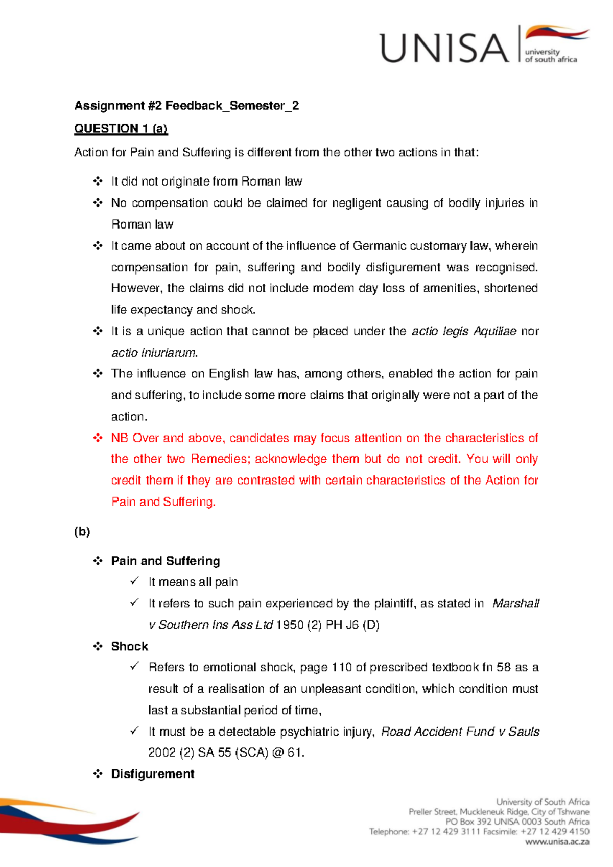 Feedback for Assignment 2 Semester 2 - Assignment #2 Feedback_Semester_ QUESTION 1 (a) Action ...