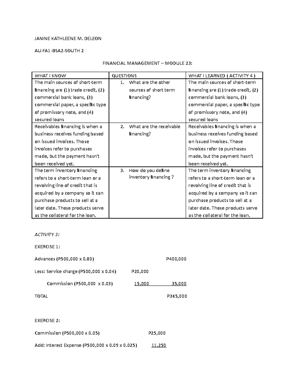 Finman- Module 23 - JANINE KATHLEENE M. DELEON AU-FA1-BSA2-SOUTH 2 ...
