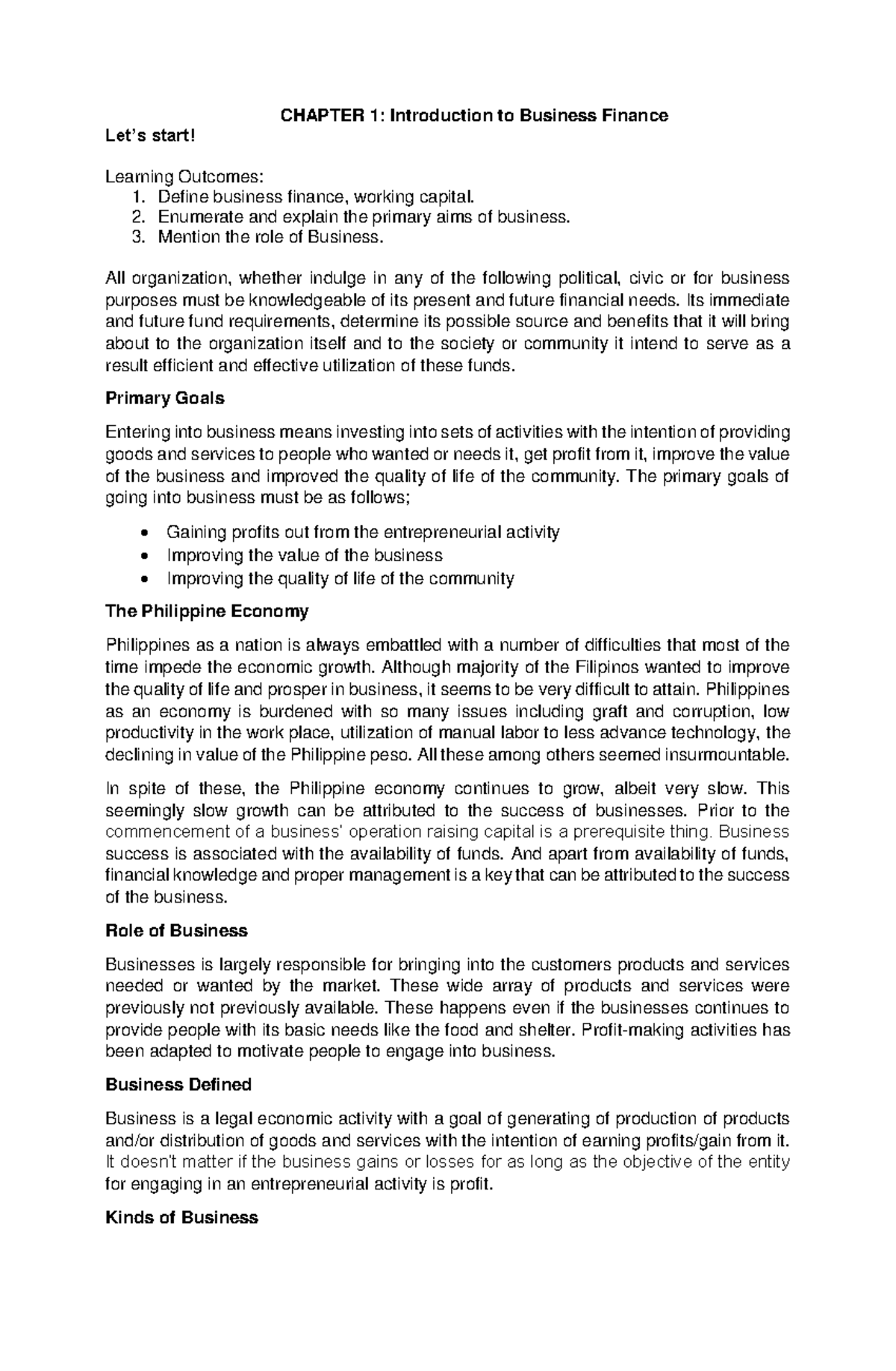 Chapter 1 Introduction to Business Finance - CHAPTER 1: Introduction to ...