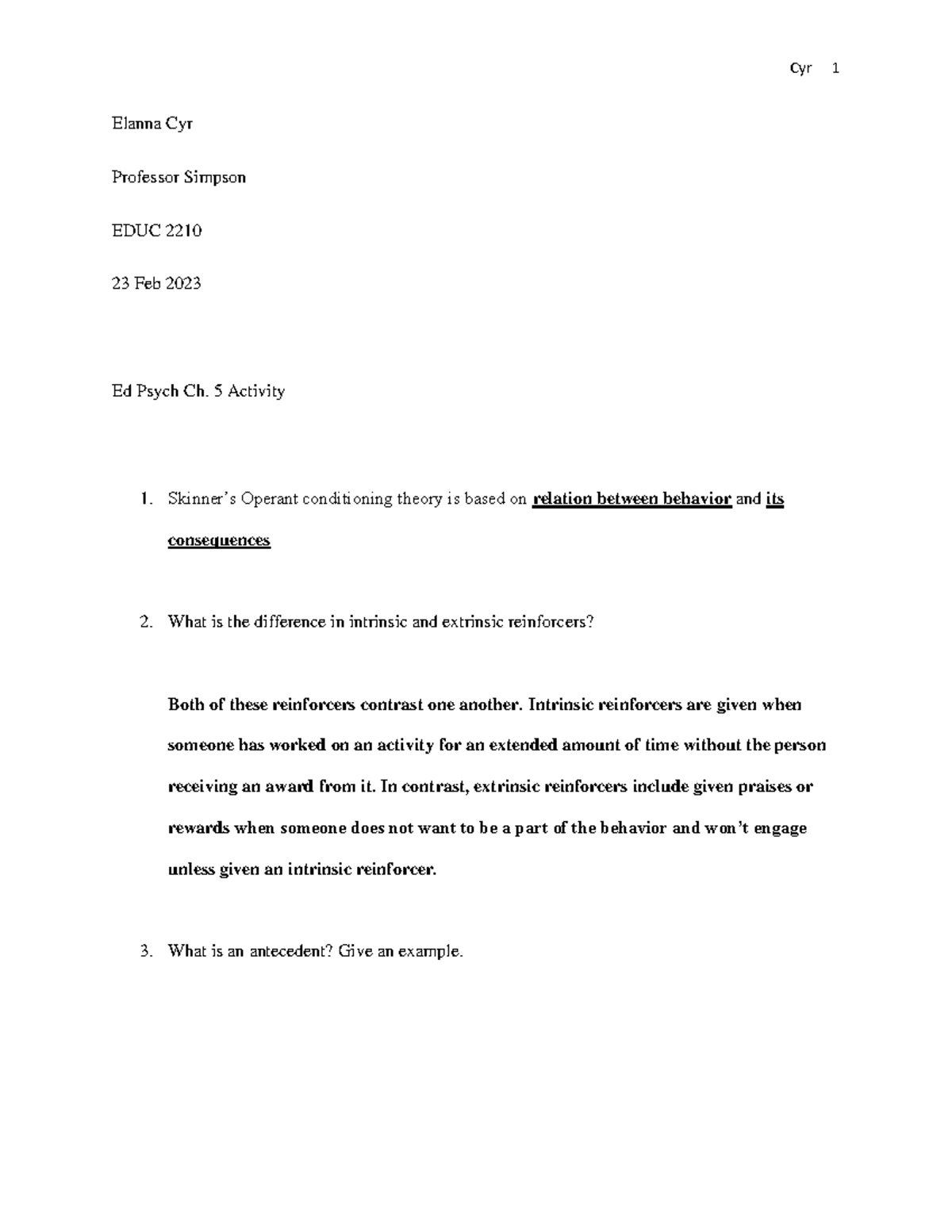 Ed Psych ch 5 activity sp 23 - Elanna Cyr Professor Simpson EDUC 2210 ...