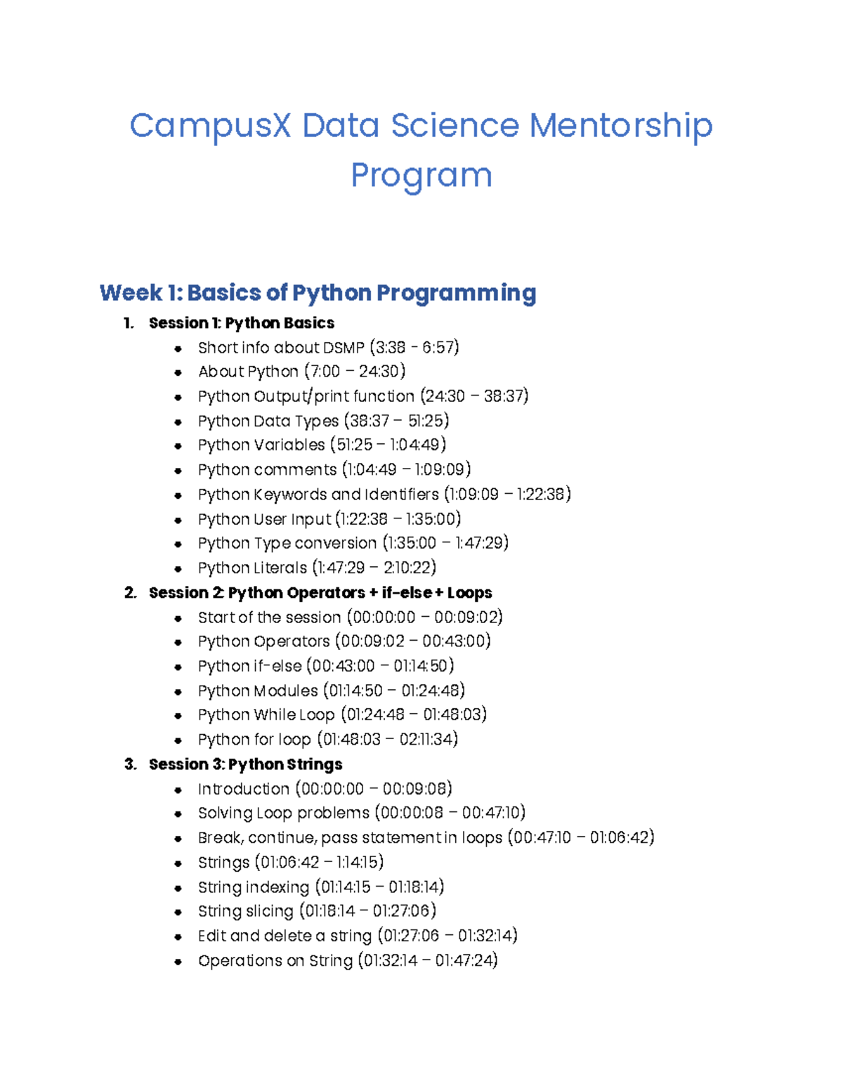 Campus X DSMP 2.0 Syllabus - CampusX Data Science Mentorship Program Week 1: Basics of Python ...