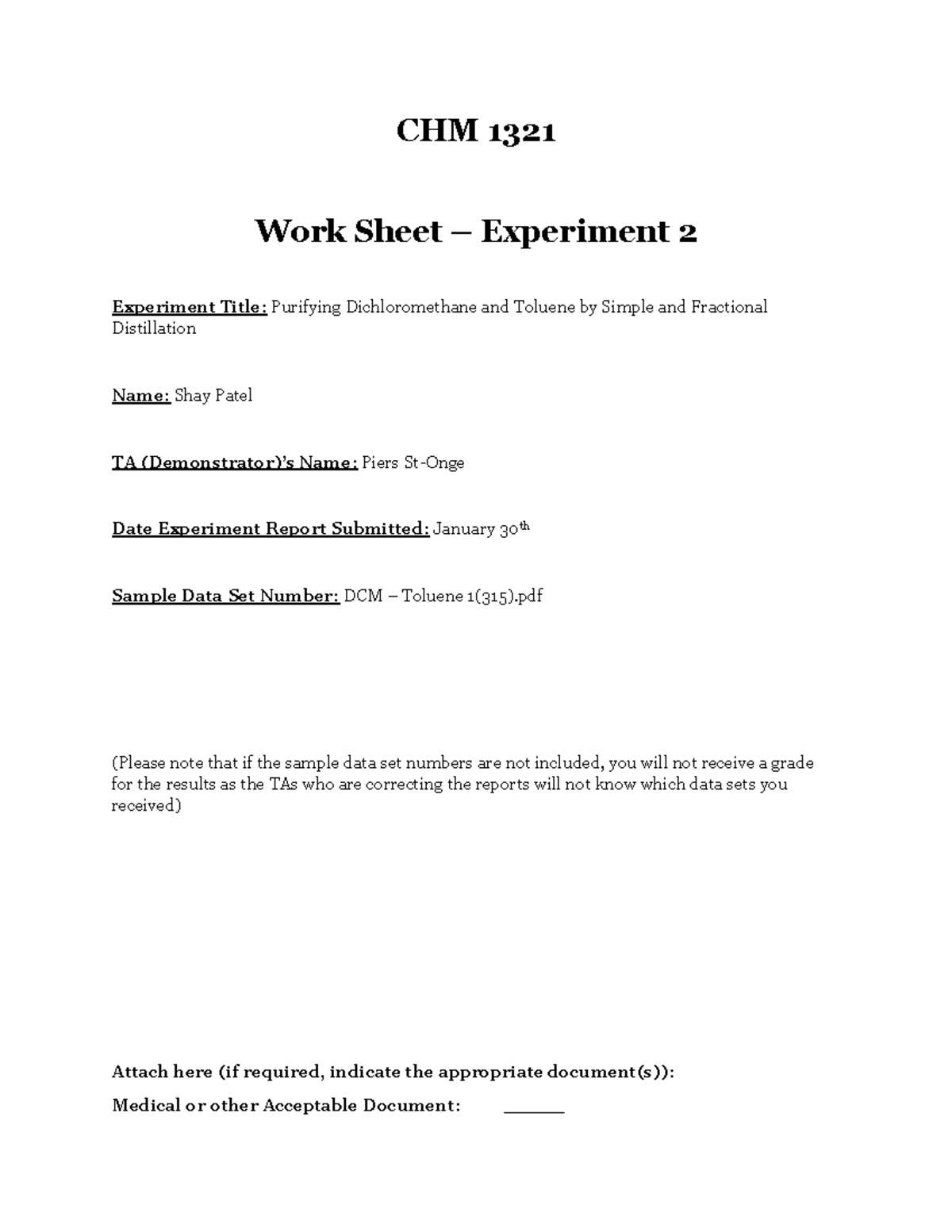 Shay Patel Exp 2300121 - CHM 1321 Work Sheet – Experiment 2 Experiment ...