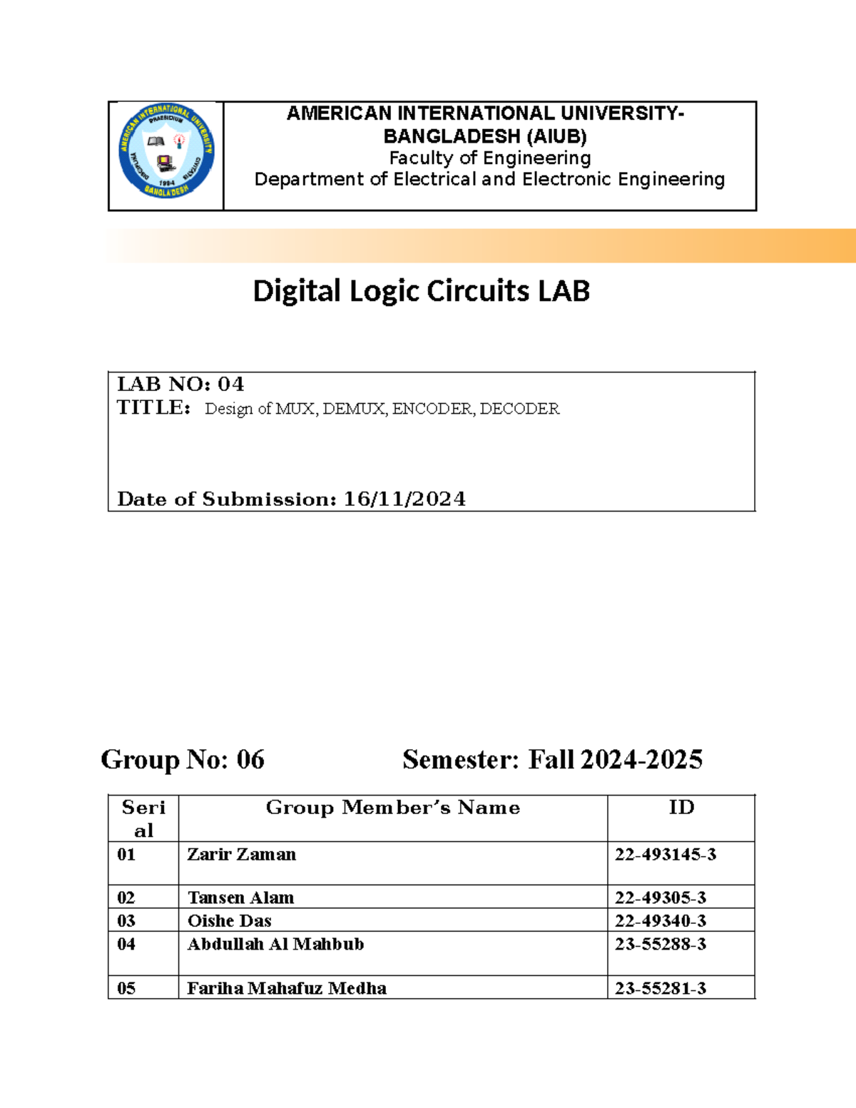 Dlc lab 4 group 6 - lab report - AMERICAN INTERNATIONAL UNIVERSITY ...