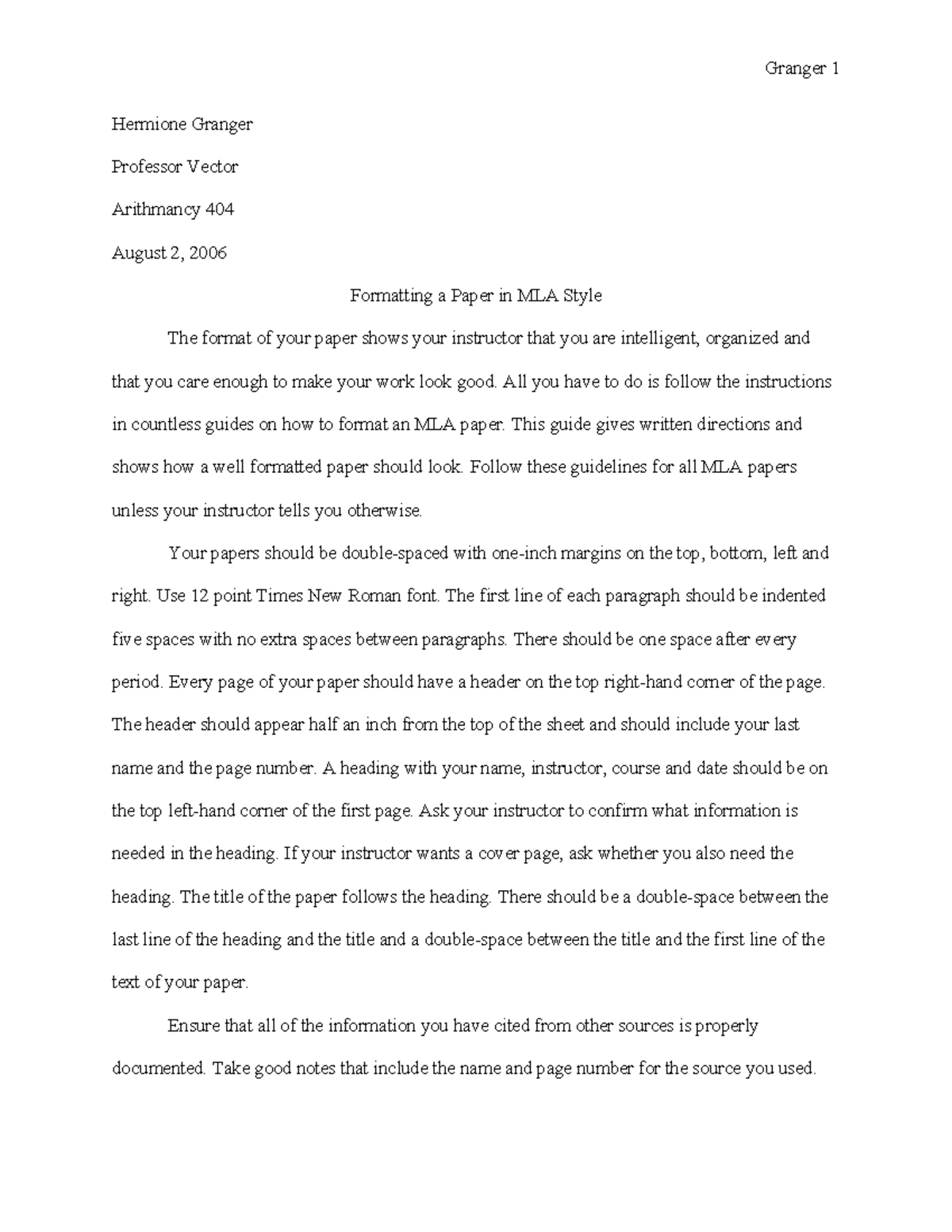 Sample MLA Paper - Hermione Granger Professor Vector Arithmancy 404 ...