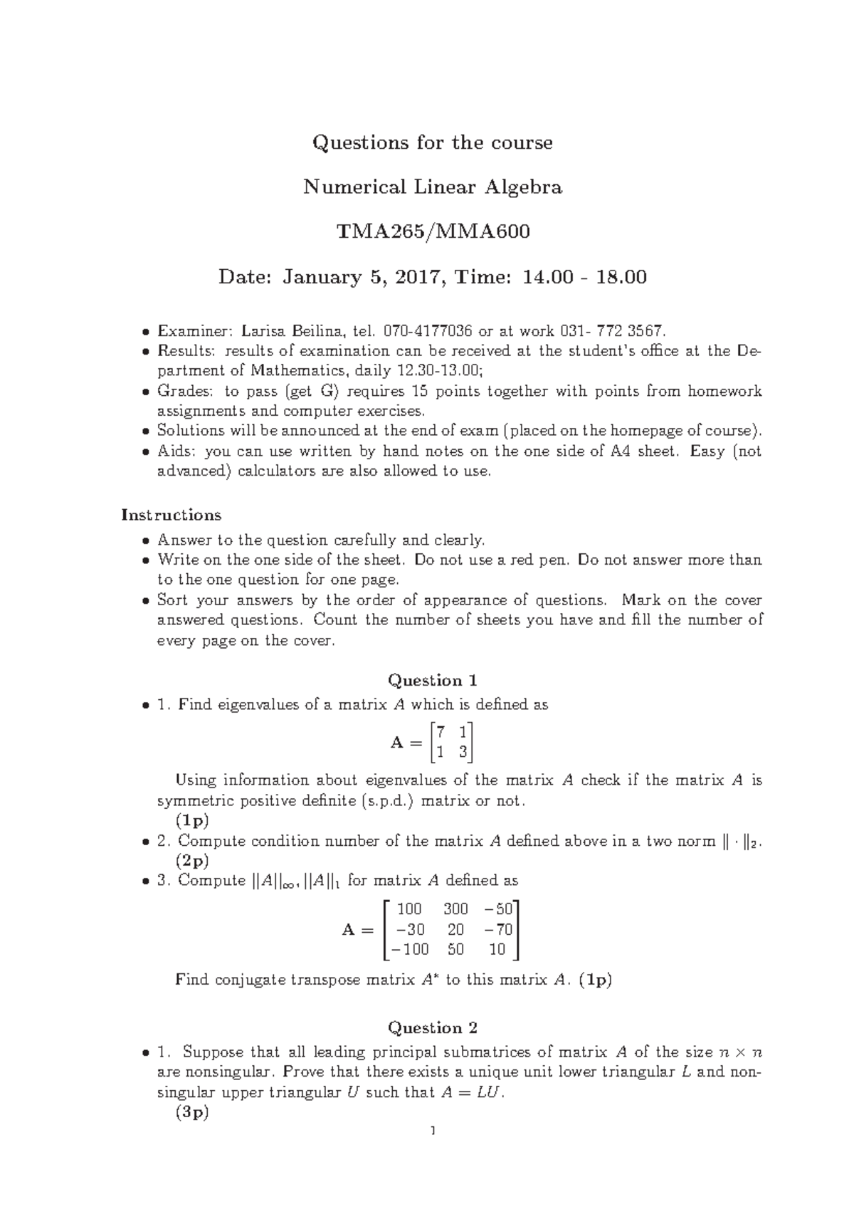 Sample Q A - Question and answers - Questions for the course Numerical ...