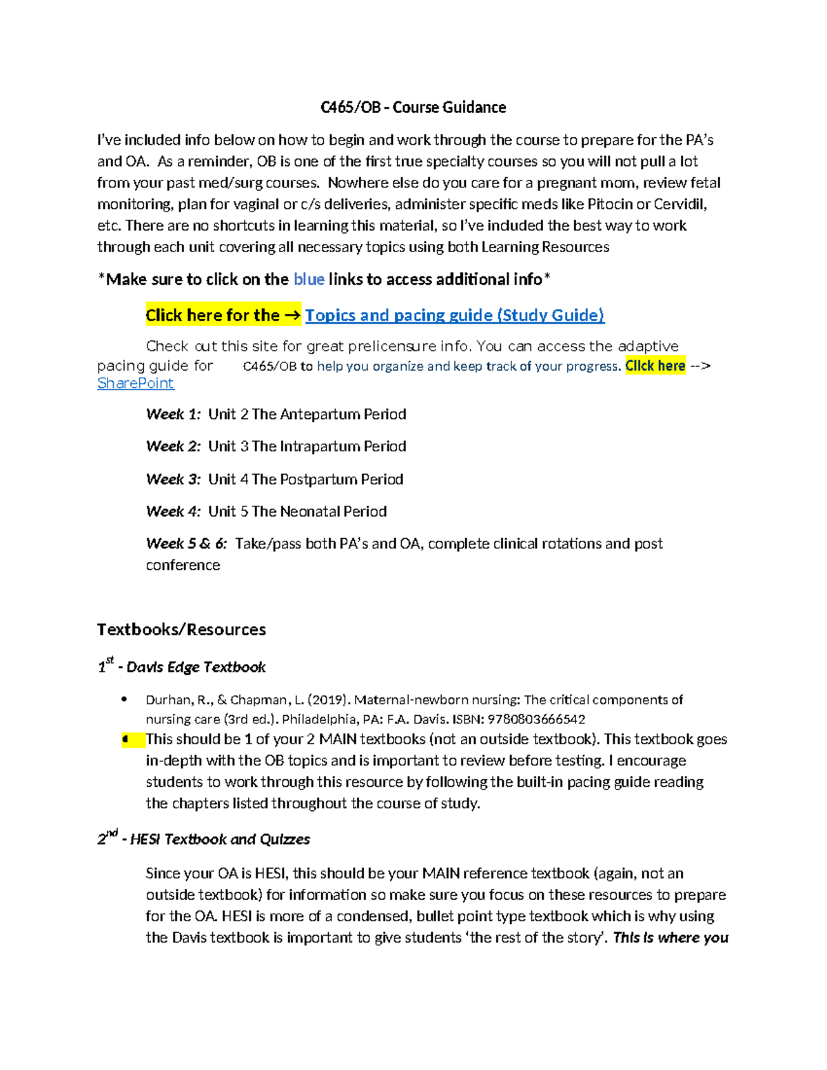 C465 Care of the Developing Family - Course Guidance - C465/OB - Course ...