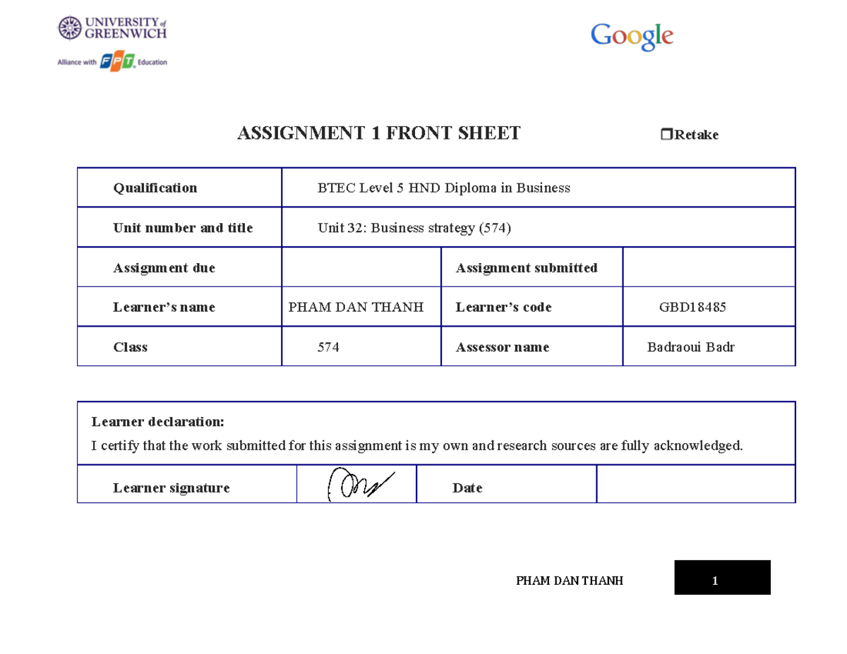 574 Danthanh ASM1 GBD18485 - ASSIGNMENT 1 FRONT SHEET Retake ...