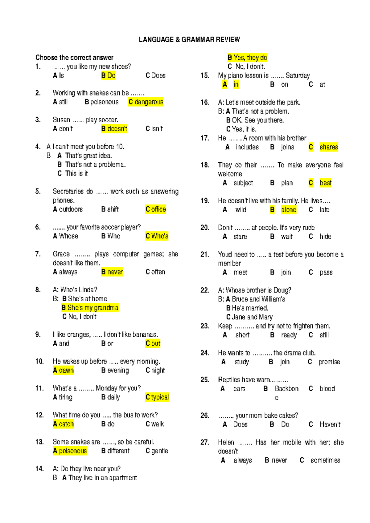 Exercises wau - LANGUAGE & GRAMMAR REVIEW Choose the correct answer 1 ...