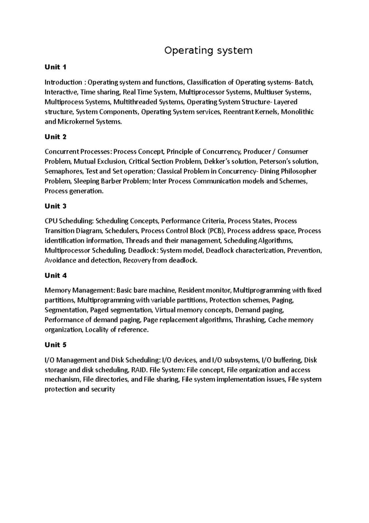 Slybs - sallybus - Operating system Unit 1 Introduction : Operating system and functions, - Studocu