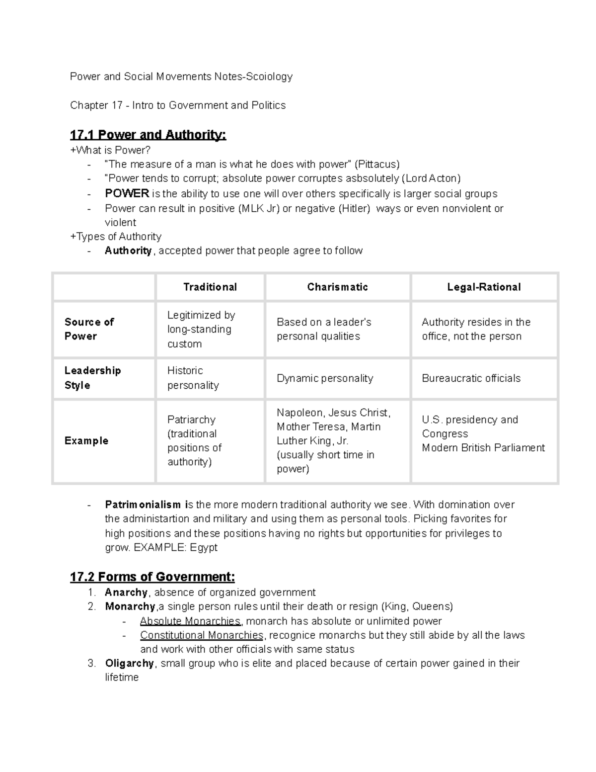Power and Government Chapter 17 - Power and Social Movements Notes ...