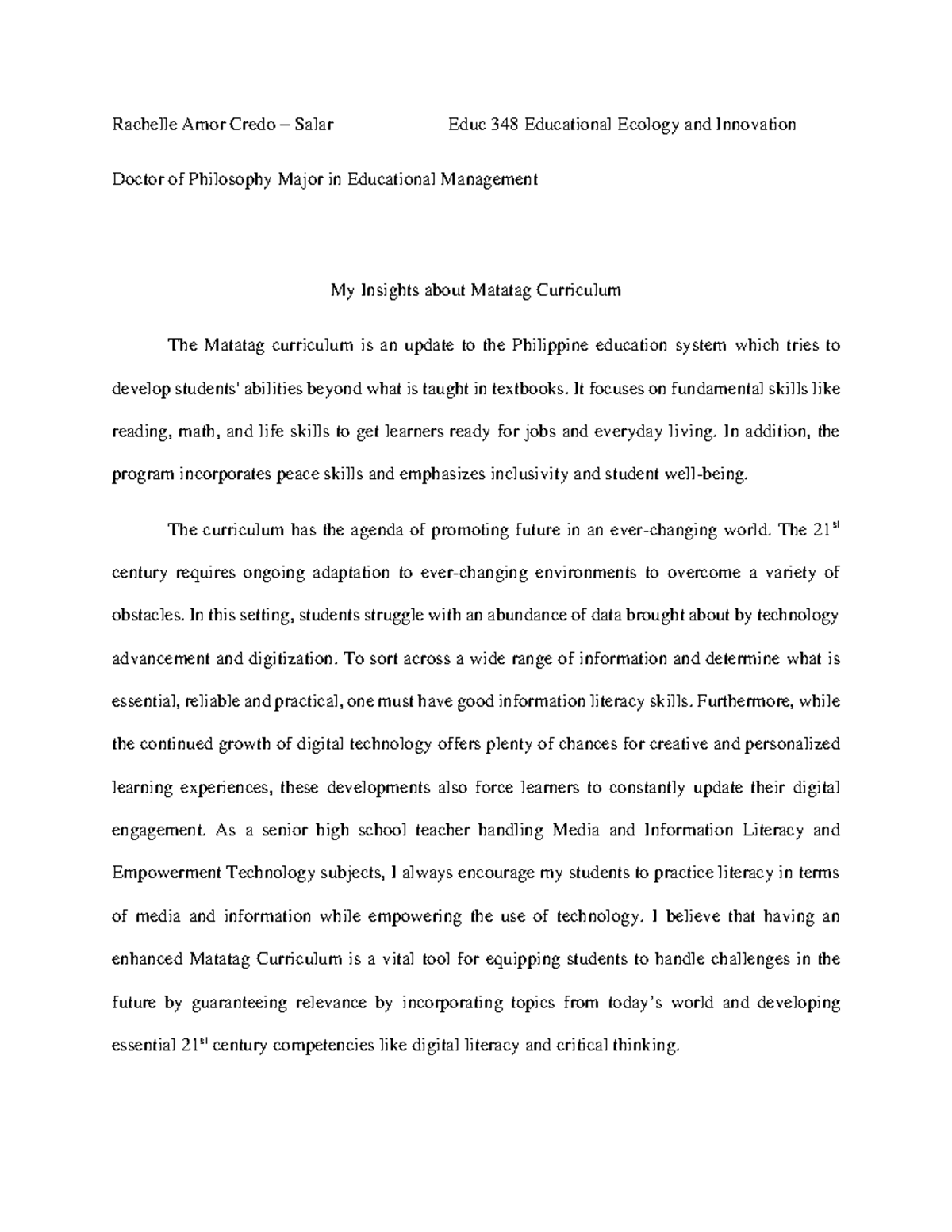 Credo Insights Matatag Curriculum Educ348 - Rachelle Amor Credo – Salar ...