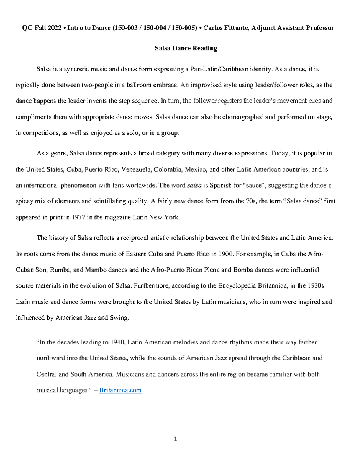 Salsa Dance Reading Fall 2022 - QC Fall 2022 • Intro to Dance (150-003 ...