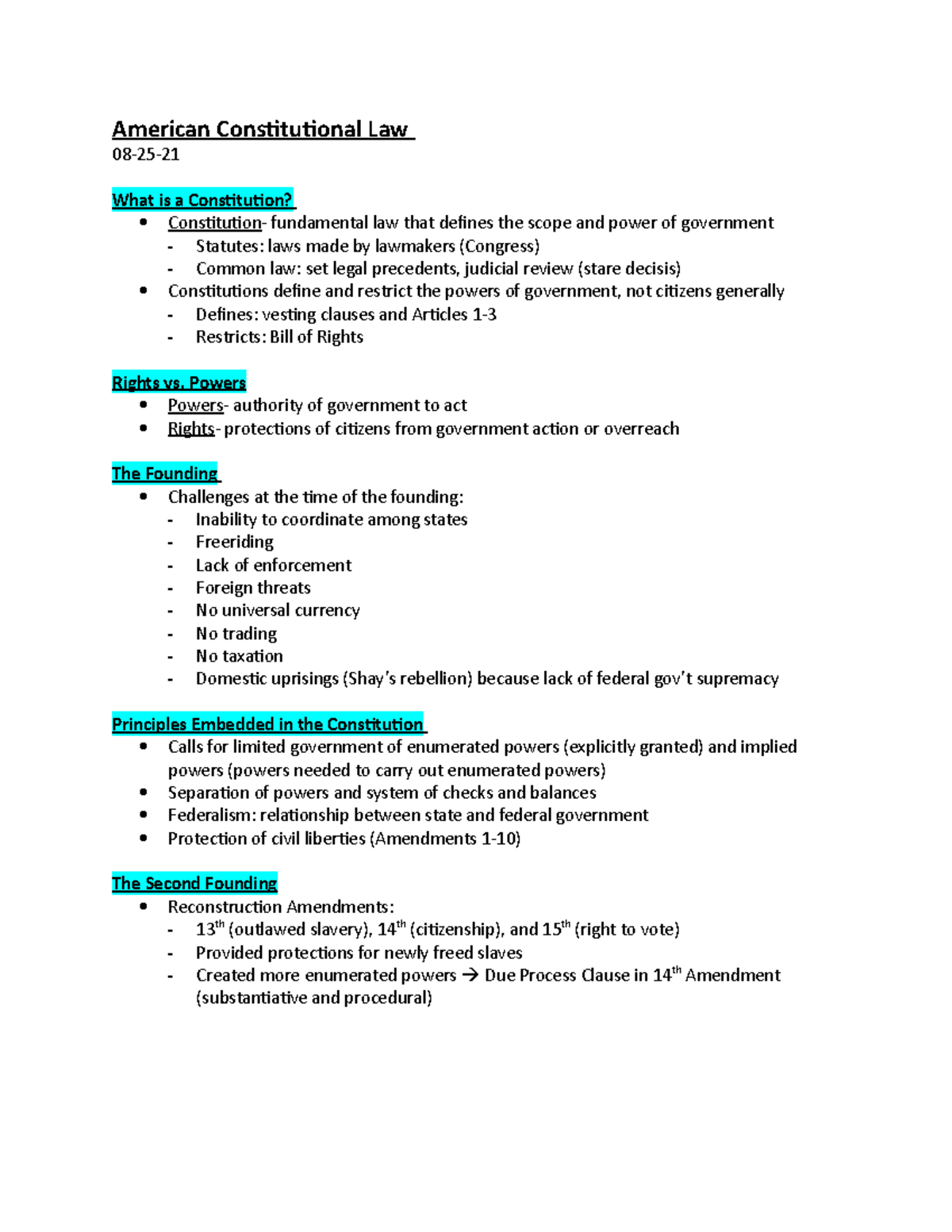 American Con. Law class notes - American Constitutional Law 08-25- What ...