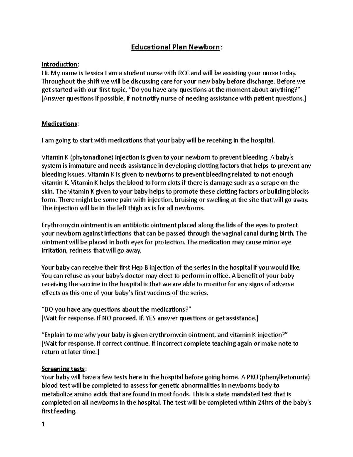 N12 OB Educational Plan Newborn - Educational Plan Newborn ...