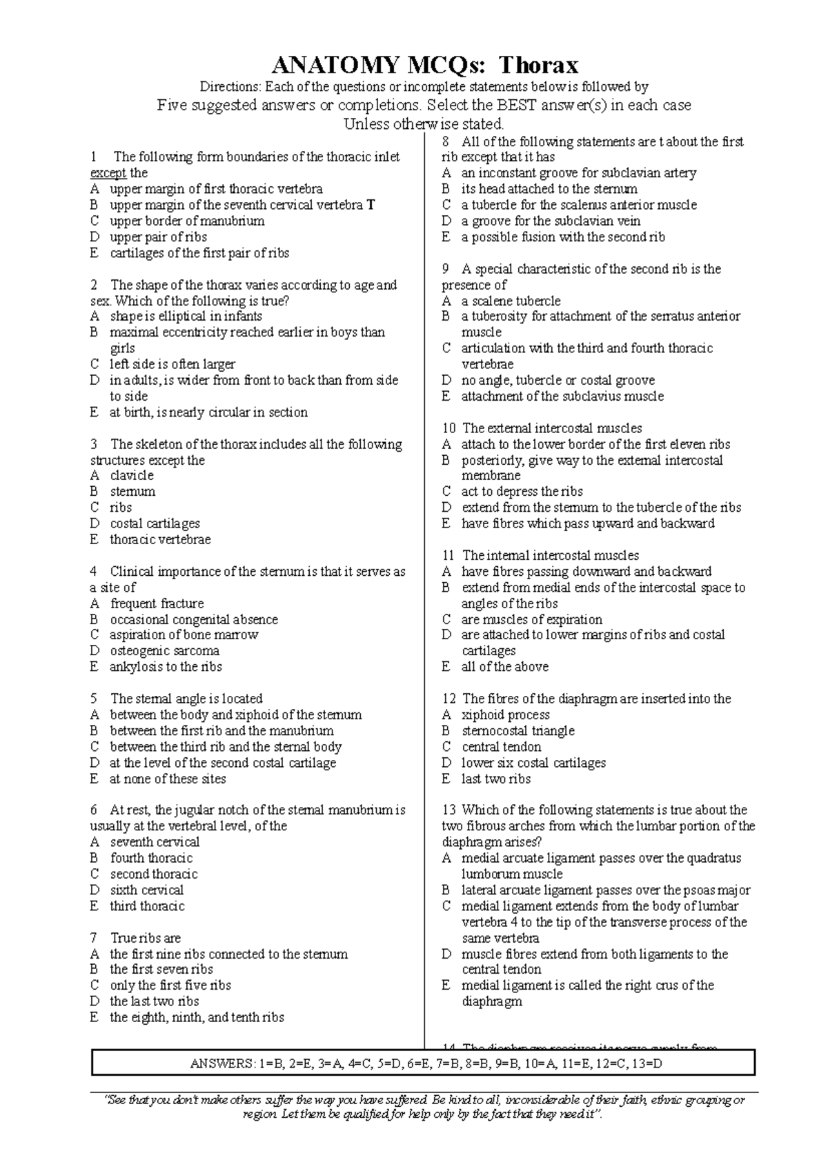 2 Thorax MCQ Final - good - ANATOMY MCQs: Thorax Directions: Each of ...