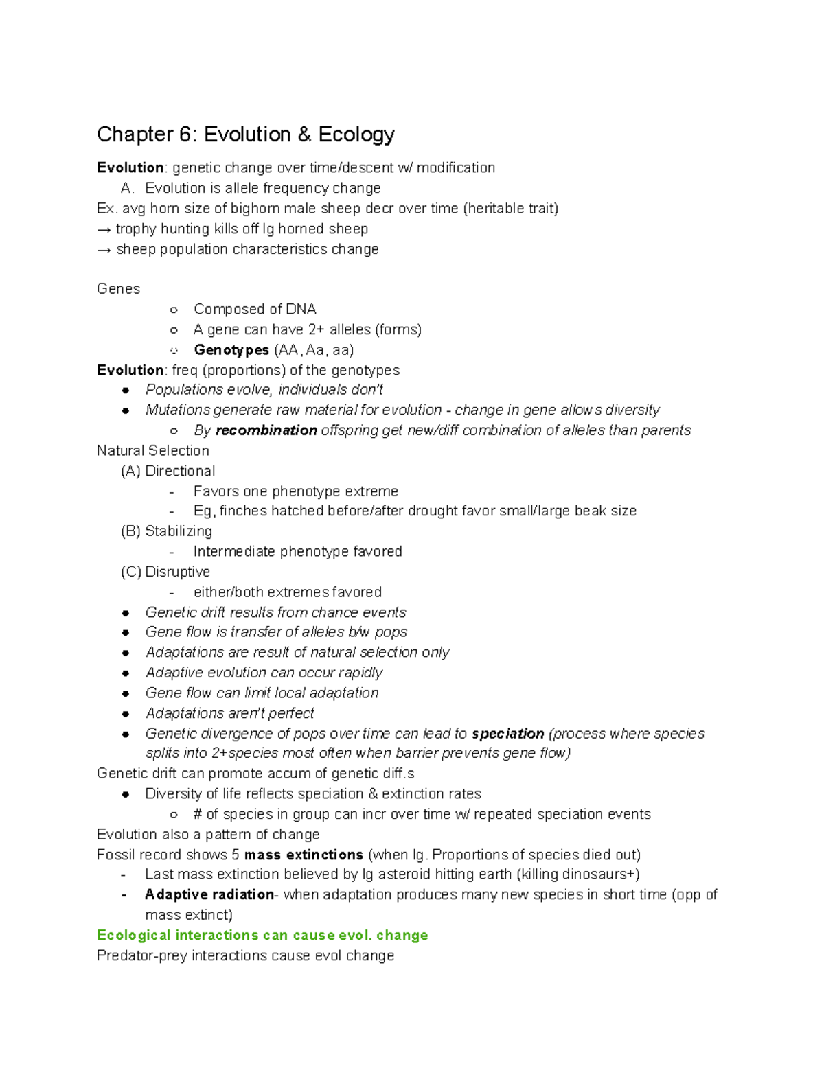 Ecology Unit 2 - lecture and textbook notes - Chapter 6: Evolution ...