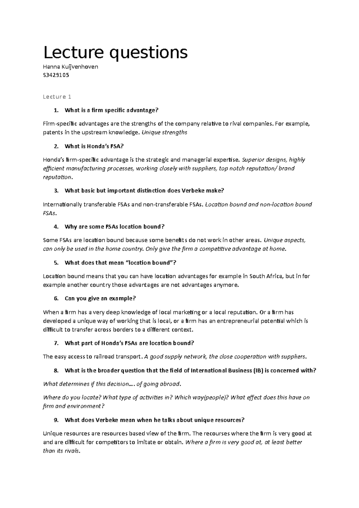Lecture questions and answers - Lecture questions Hanna Kuijvenhoven S ...