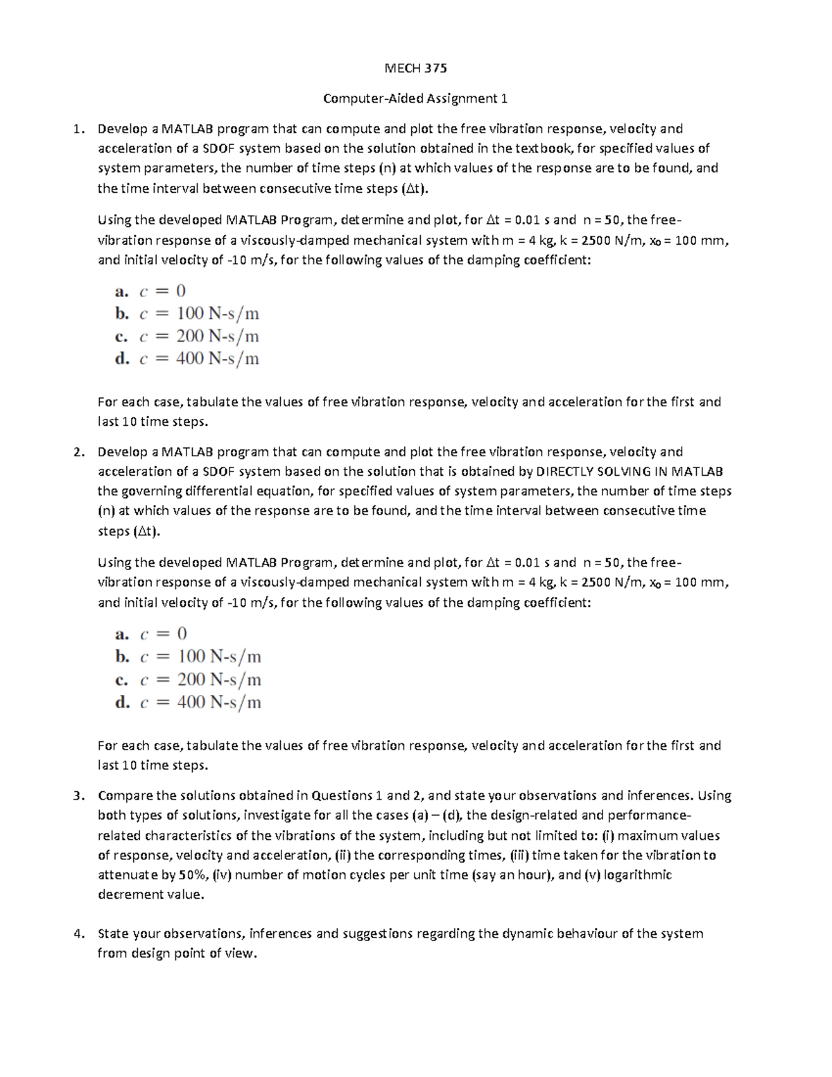 MECH 375 Computer-Aided Assignment 1 - MECH 375 Computer‐Aided ...