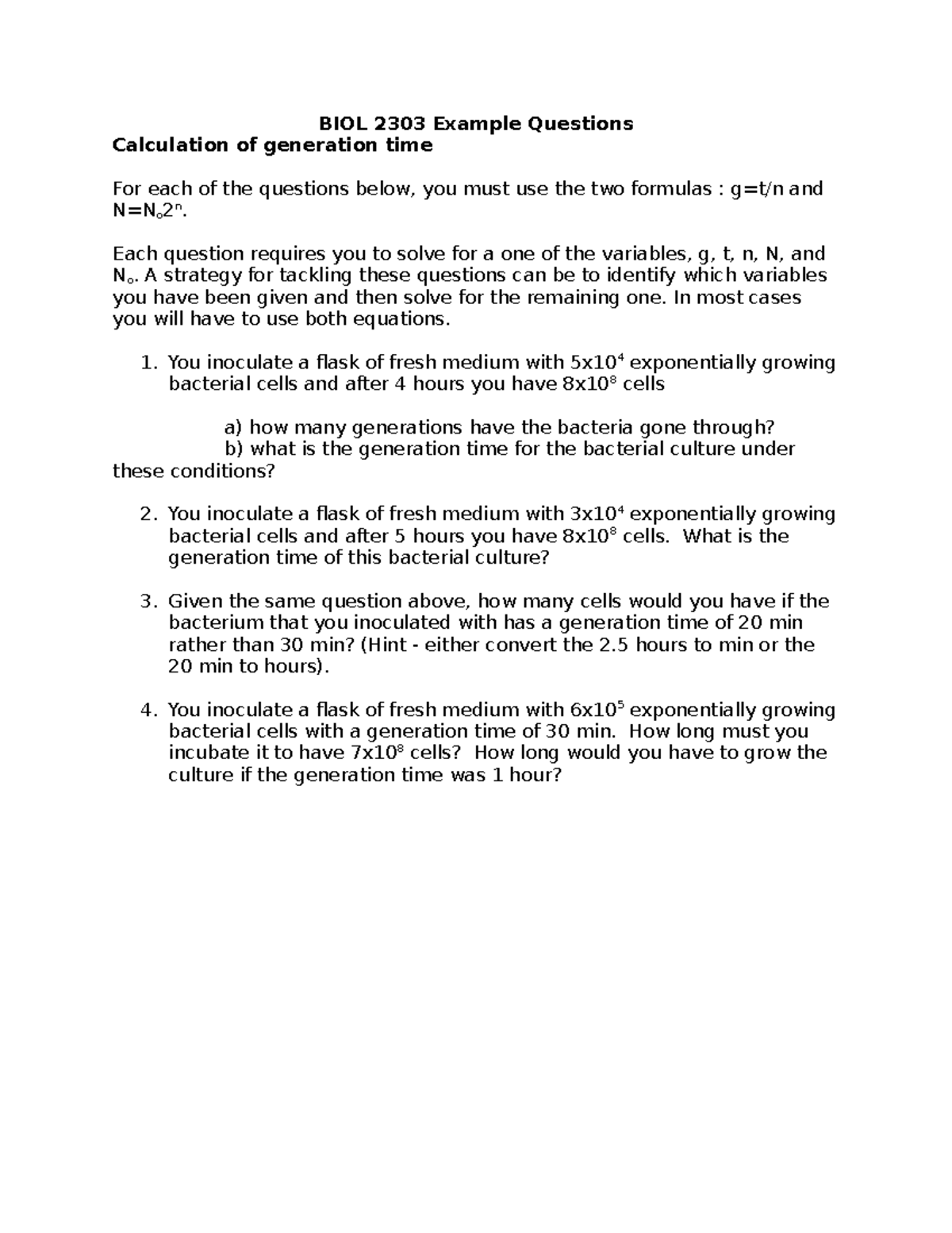 Calc Generation - BIOL 2303 Example Questions Calculation of generation ...