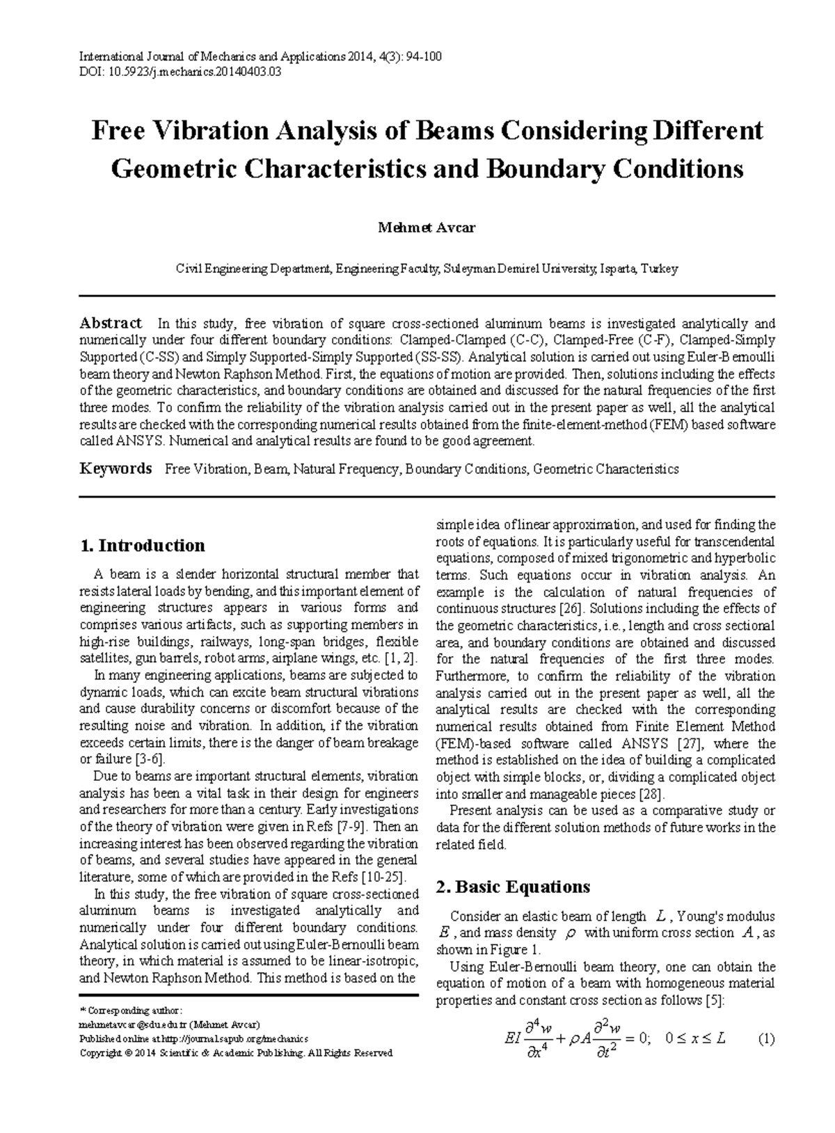 Free Vibration Analysis of Beams Considering Different Geometric ...