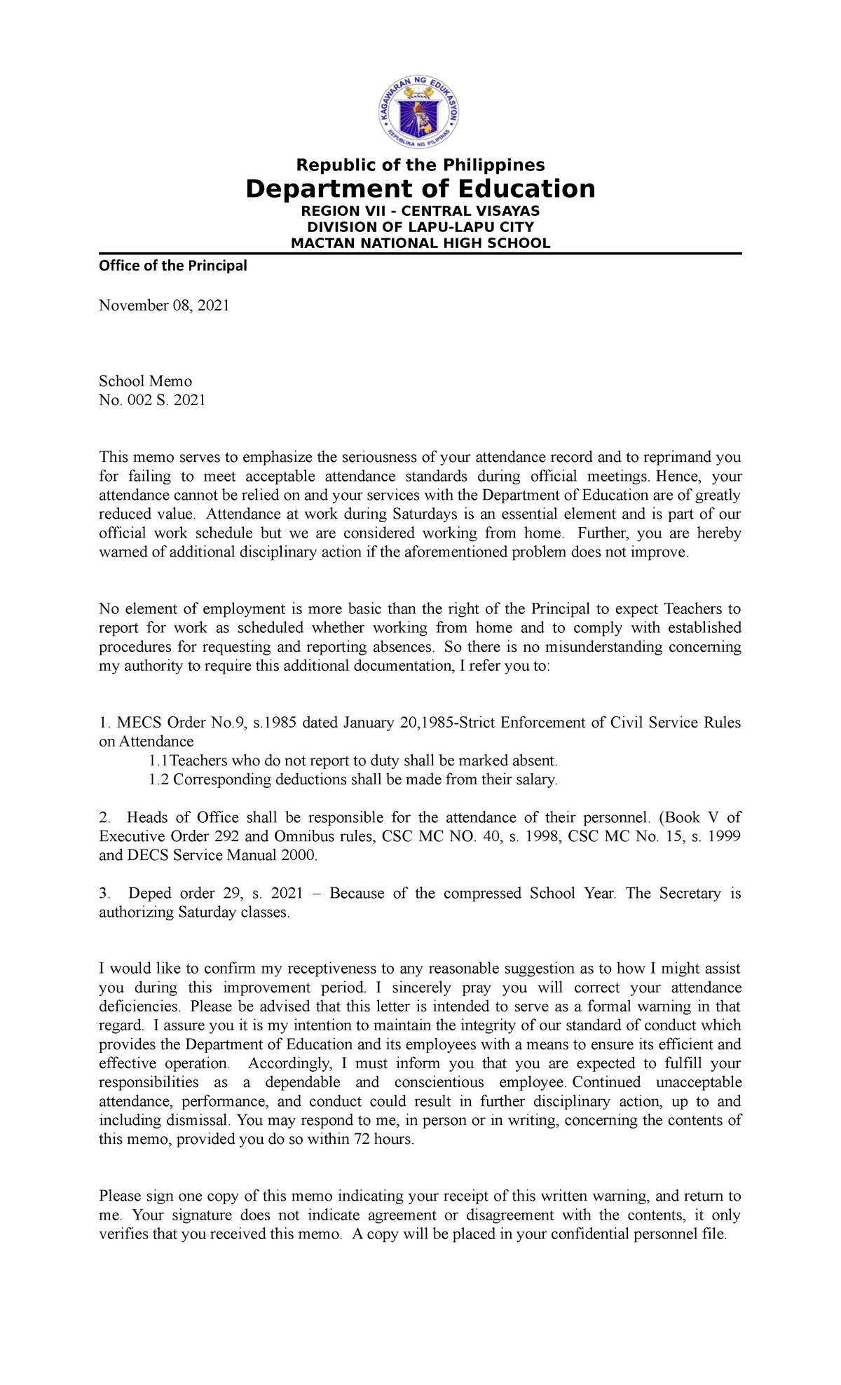 School-Memo-No - GOOD - Republic of the Philippines Department of ...