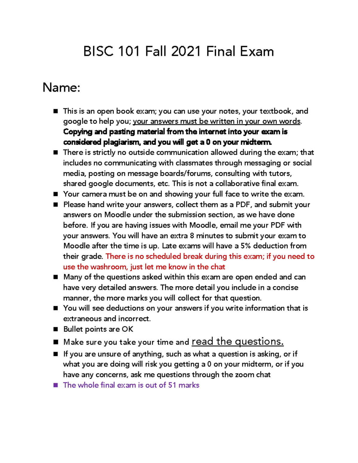 BISC 101 Final Fall 2021 - BISC 101 Fall 2021 Final Exam Name ...