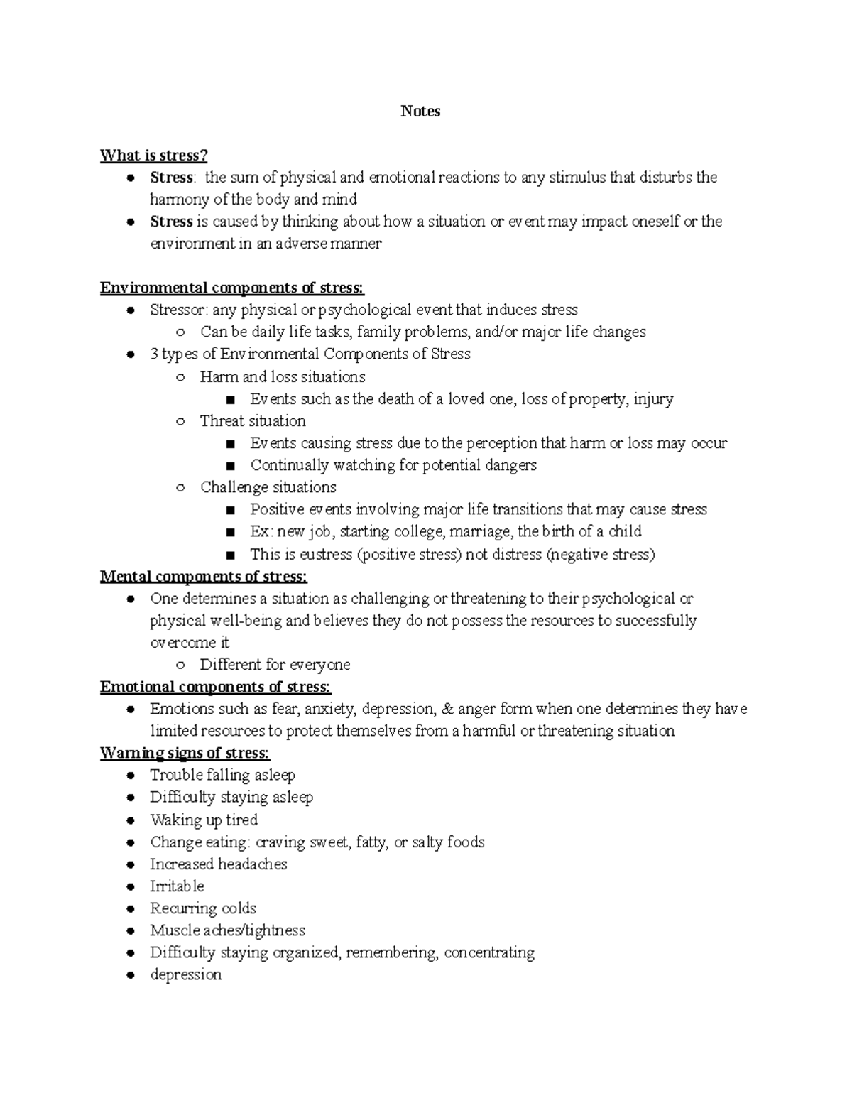 KIN 235-Exam 1 Notes - Notes What is stress? Stress: the sum of ...