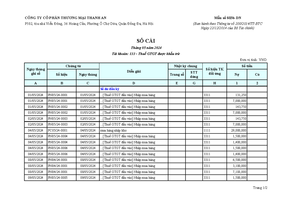 SC133 - Sổ cái TK 133 - CÔNG TY CỔ PHẦN THƯƠNG MẠI THANH AN Mẫu số S03b ...