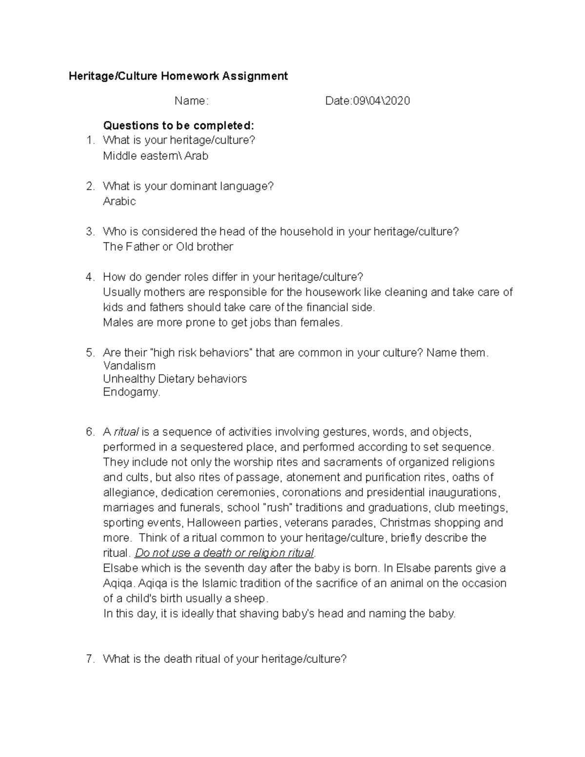 Cultural Assignment - Heritage/Culture Homework Assignment Name: Date ...