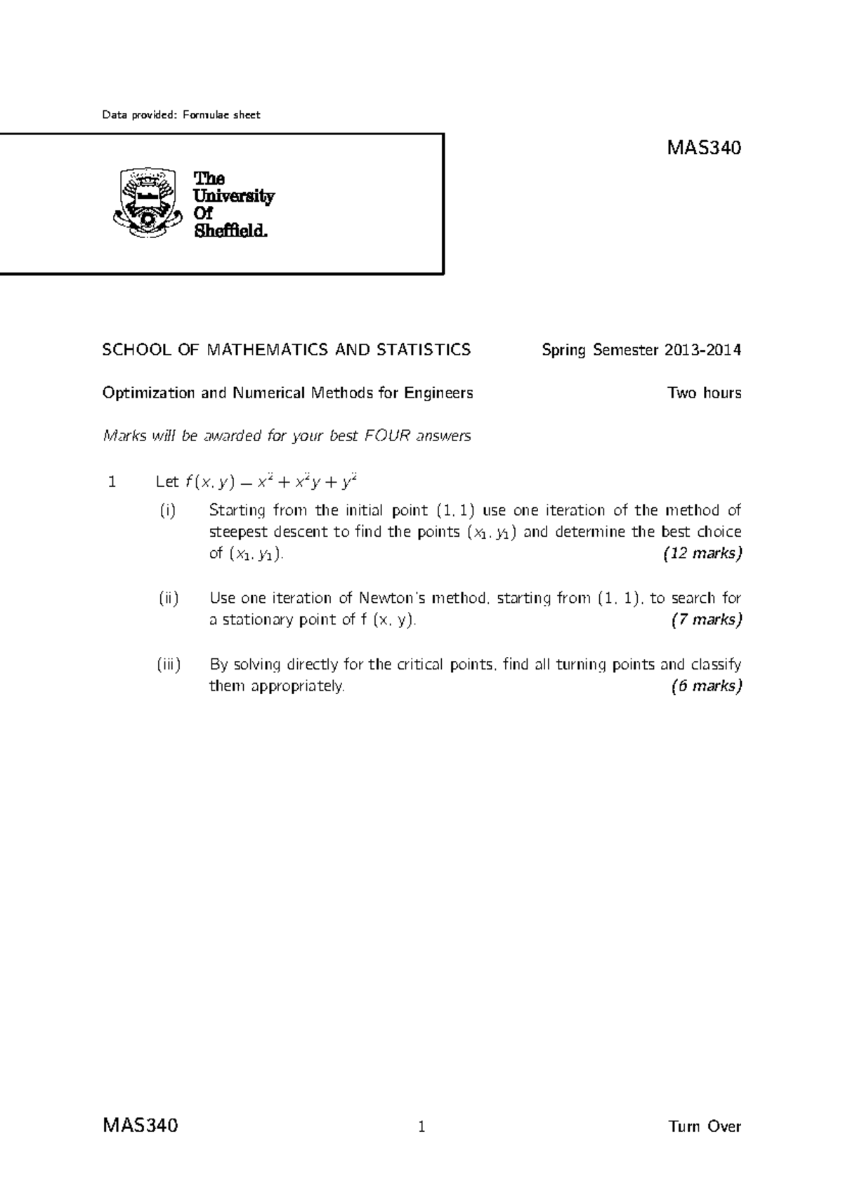 Exam 2014, questions - Dataprovided:Formulaesheet MAS SCHOOLOFMATHEMATICSANDSTATISTICS - Studocu