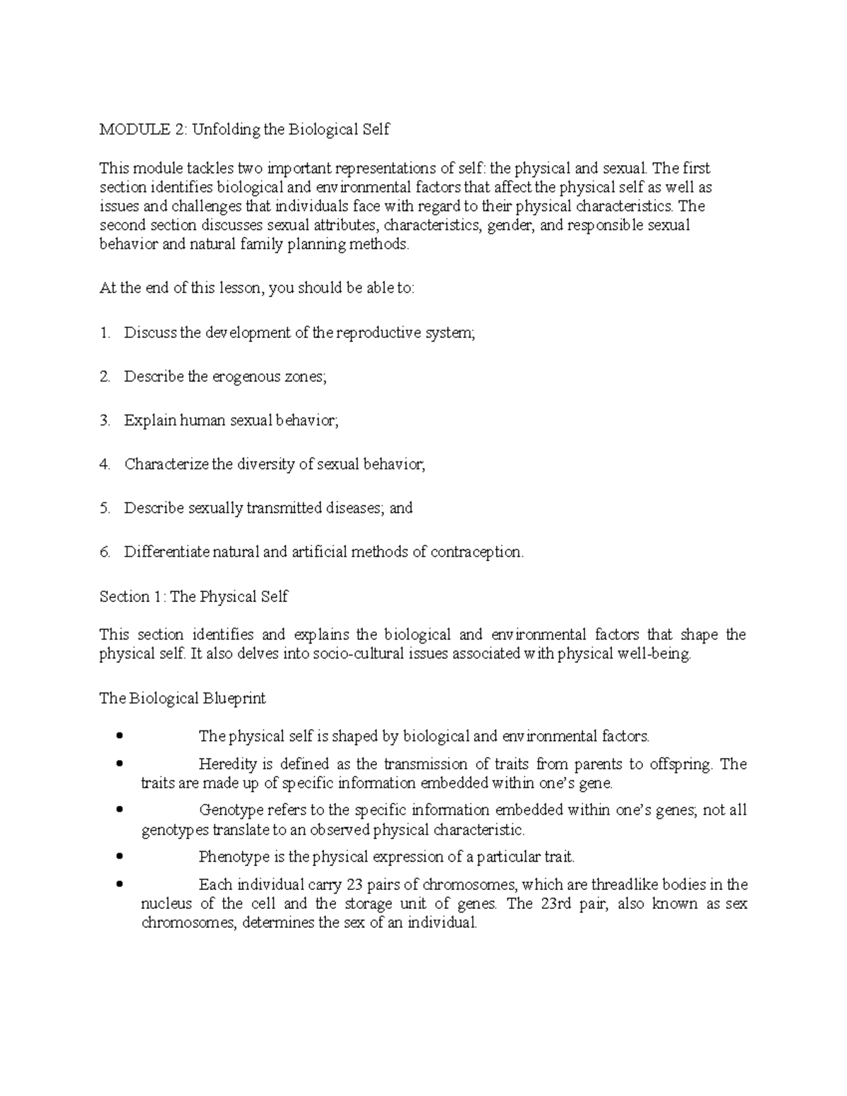 Module 2 Understanding the Self - MODULE 2: Unfolding the Biological Self This module tackles ...