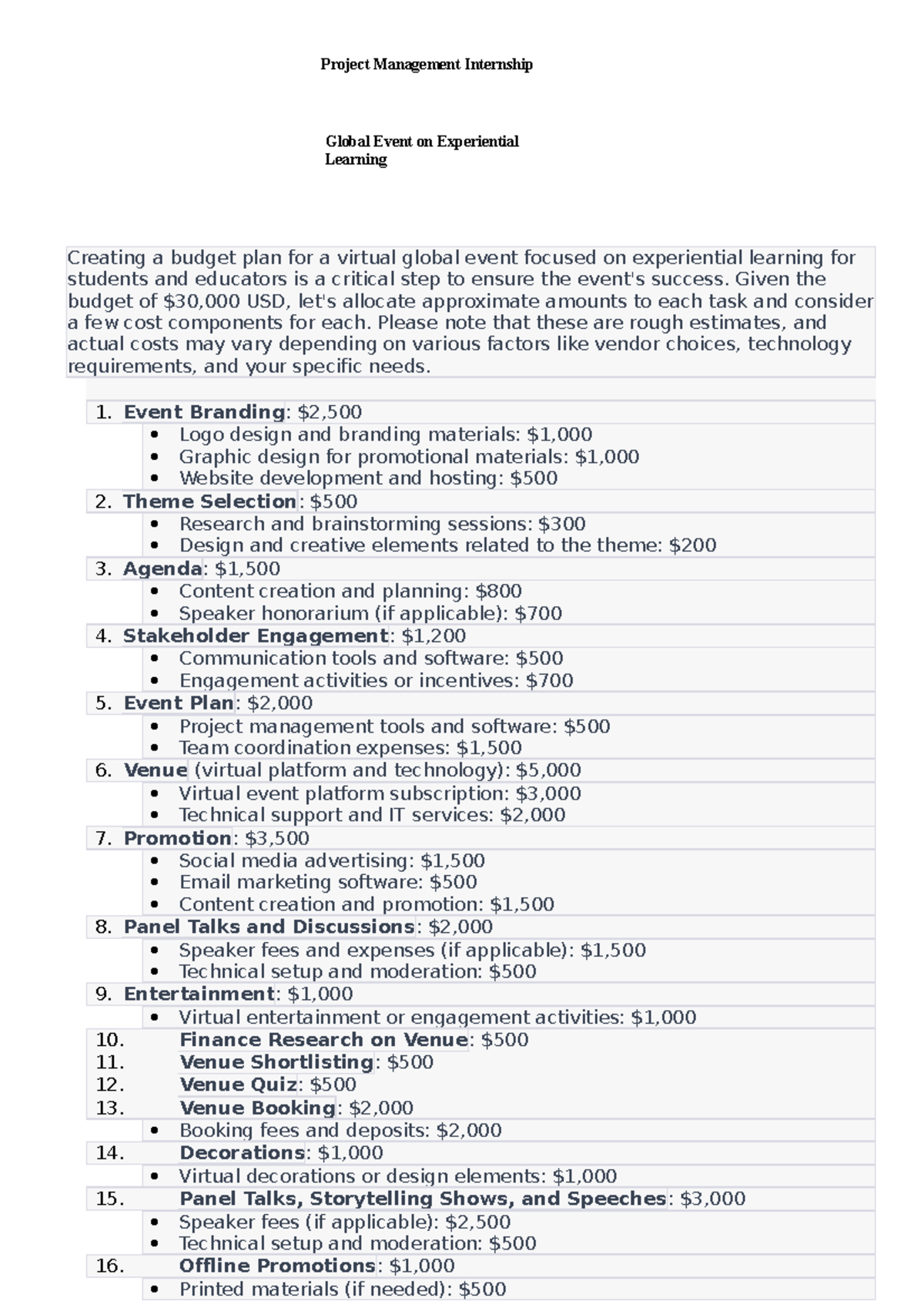 WBS Week 1 Assignment - Project Management Internship Global Event on ...