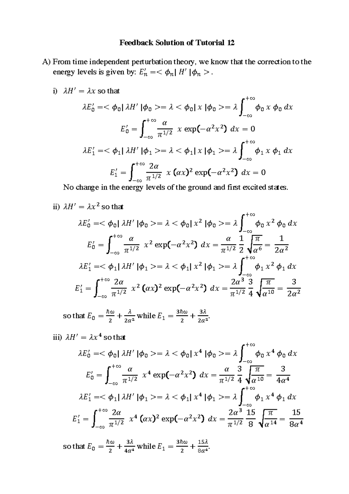 Quantum Physics Tutorial 12 - Solutions - Feedback Solution of Tutorial ...